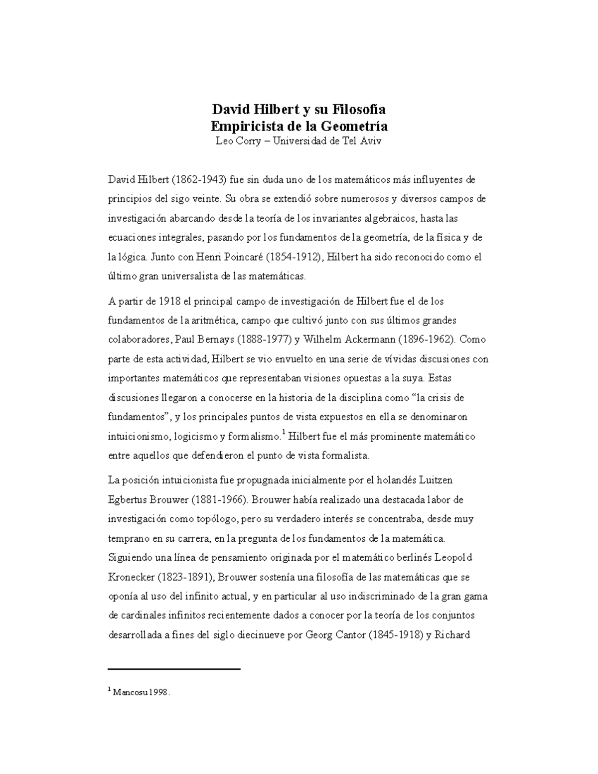 Filosofia Empirista - David Hilbert y su Empiricista de la Leo Corry ...