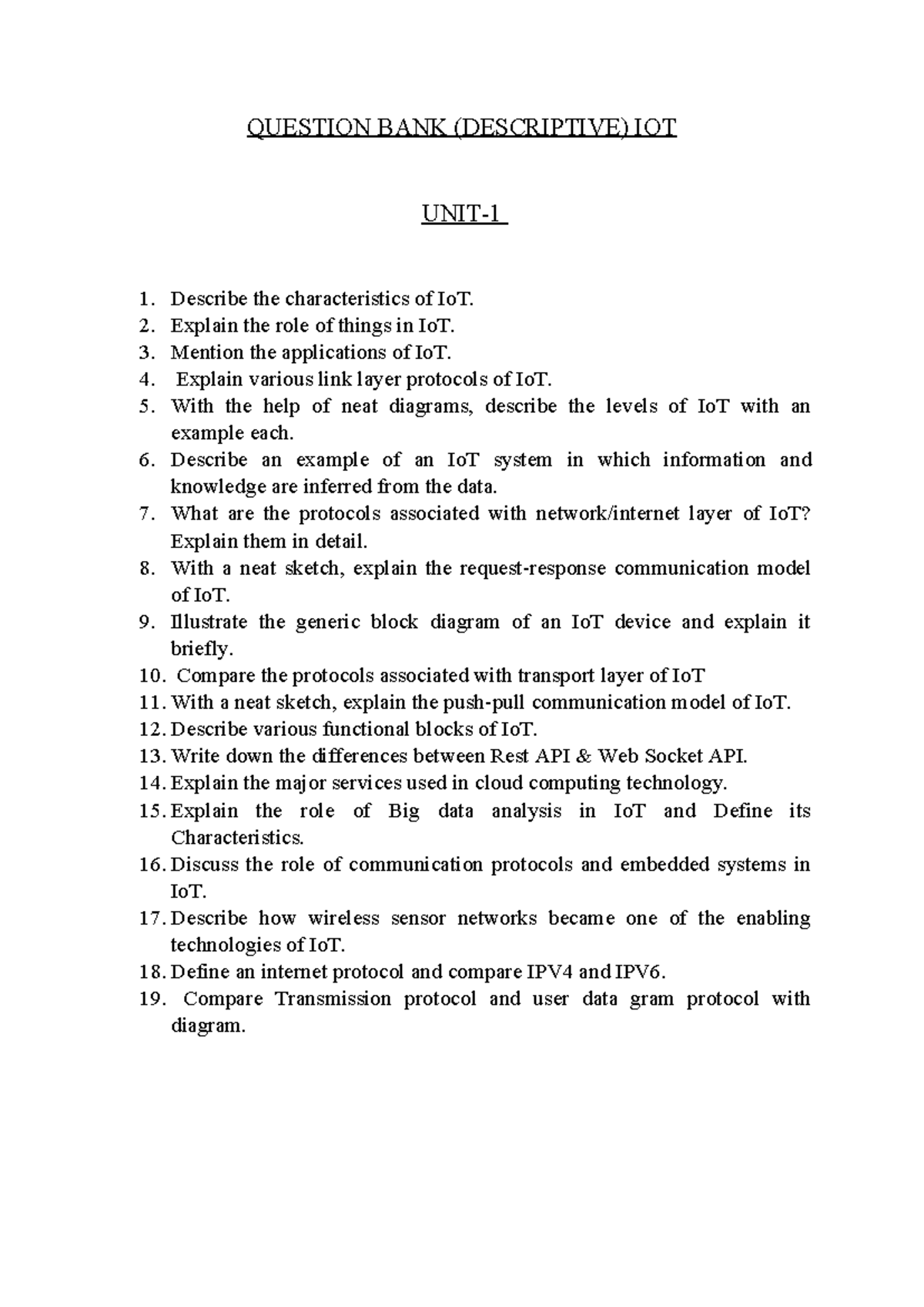 IOT Qustion Bank Unit 1 - Computer - QUESTION BANK (DESCRIPTIVE) IOT UNIT- 1. Describe the - Studocu