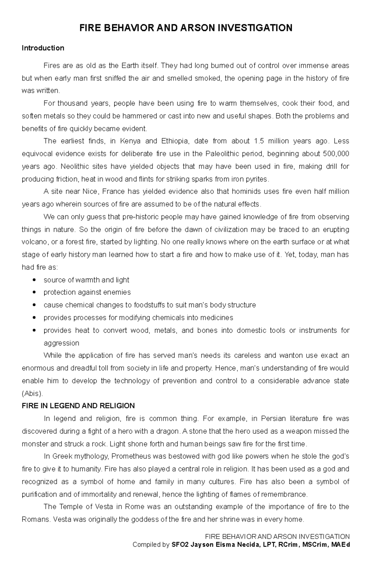 FIRE TECH - Fire - FIRE BEHAVIOR AND ARSON INVESTIGATION Introduction ...