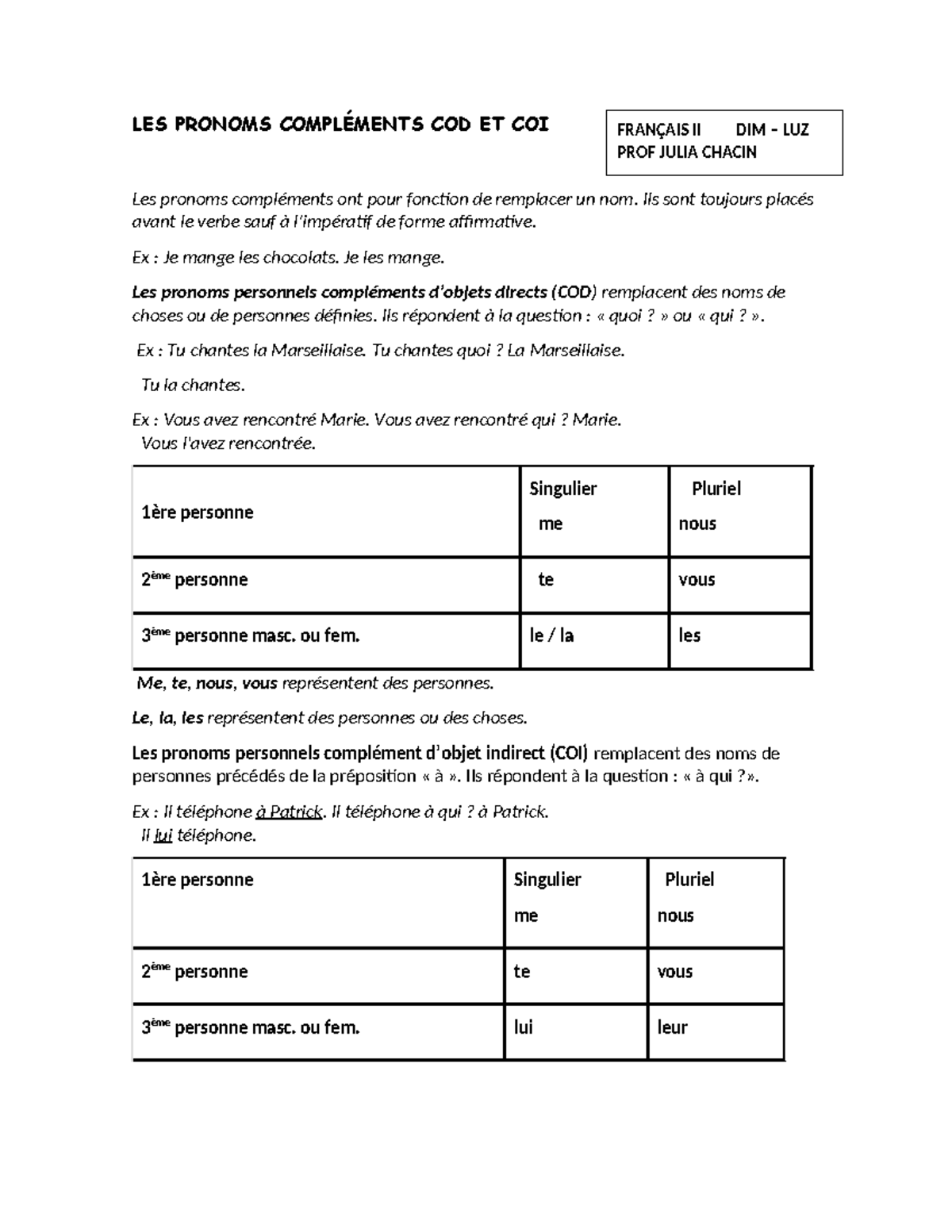 LES Pronoms Compléments Grammaire - LES PRONOMS COMPLÉMENTS COD ET COI ...