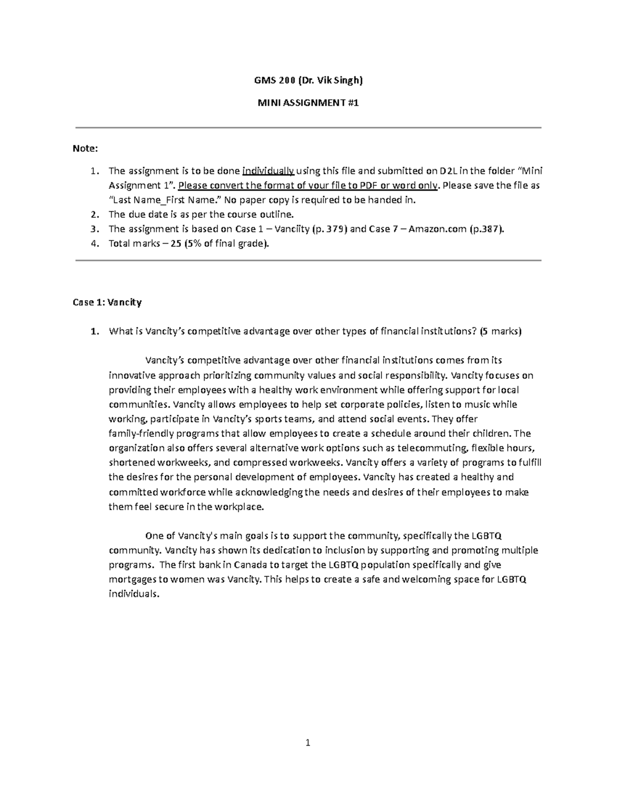 Mini Assignment 1 - GMS 200 (Dr. Vik Singh) MINI ASSIGNMENT # Note: The assignment is to be done ...