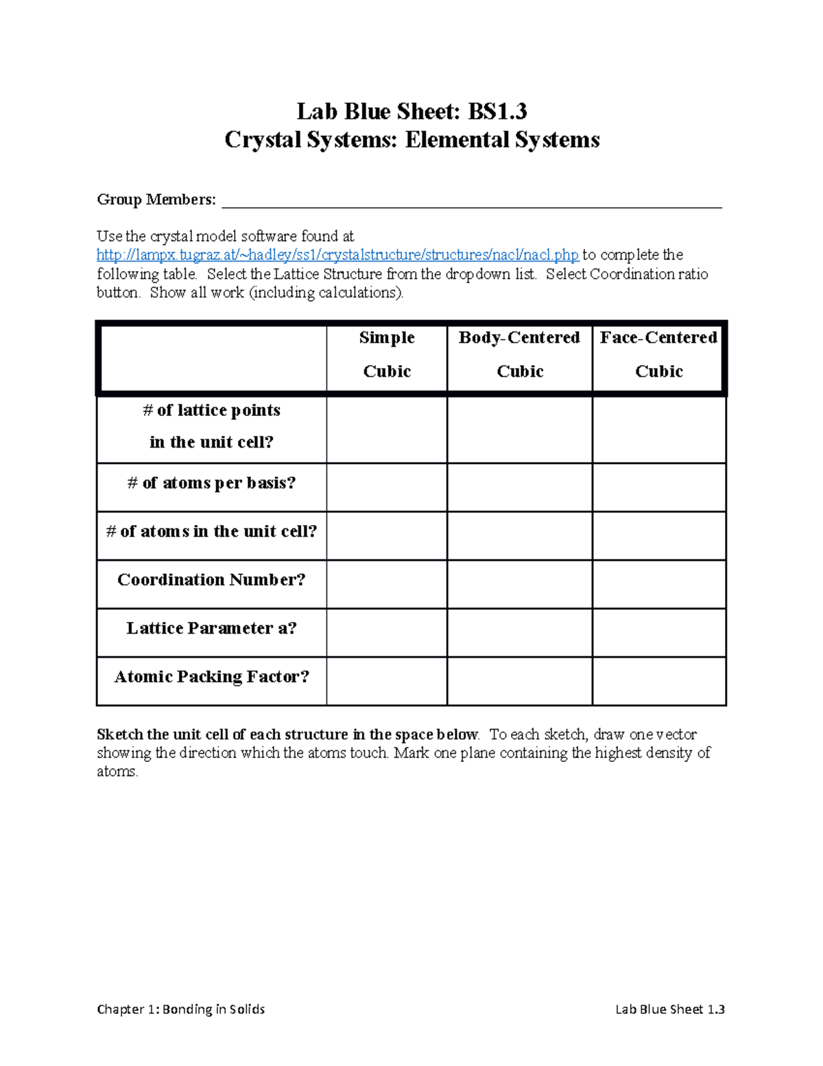 BS1.3 Crystallography - Lab Blue Sheet: BS1. Crystal Systems: Elemental ...