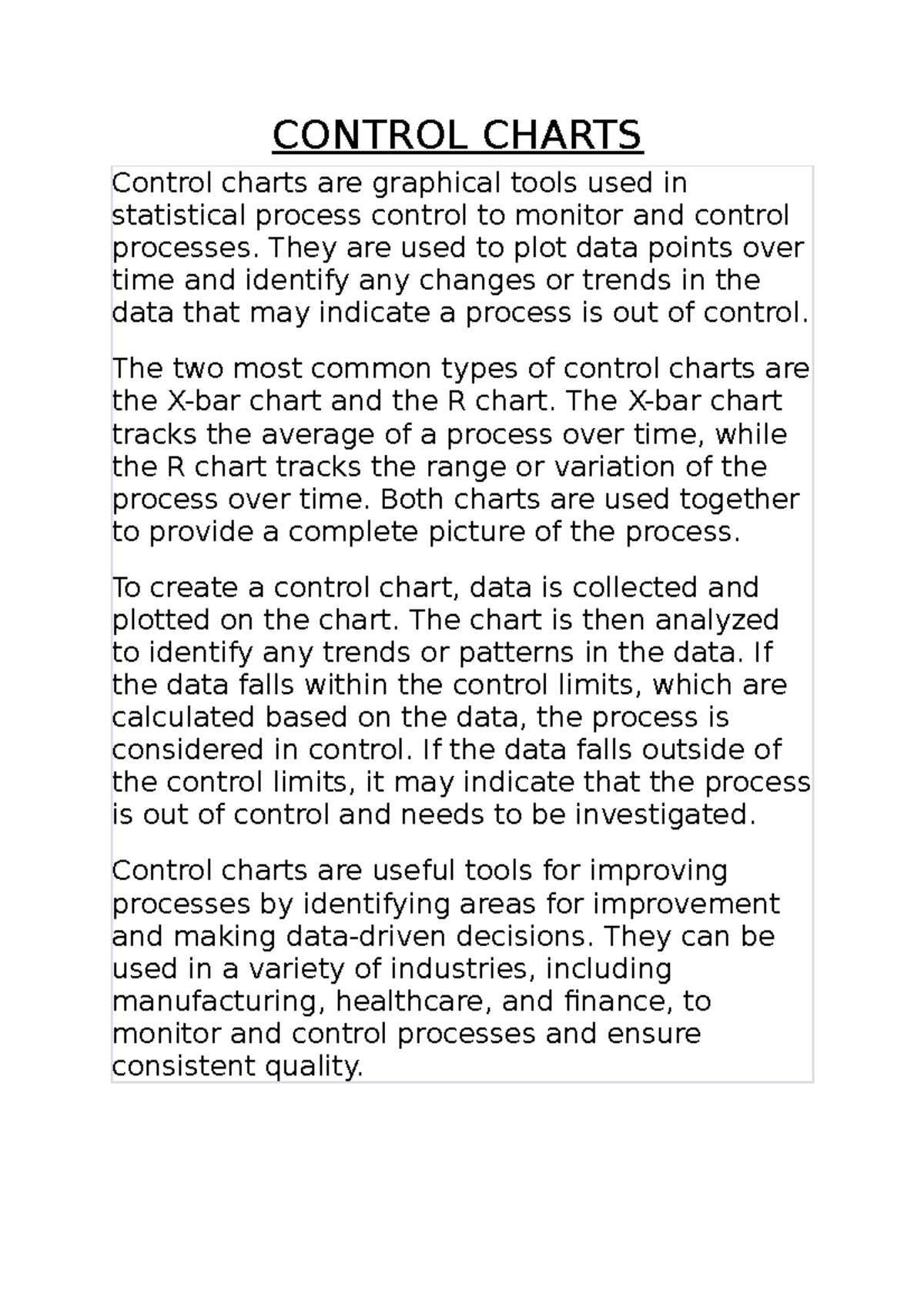 Control Charts - CONTROL CHARTS Control charts are graphical tools used ...