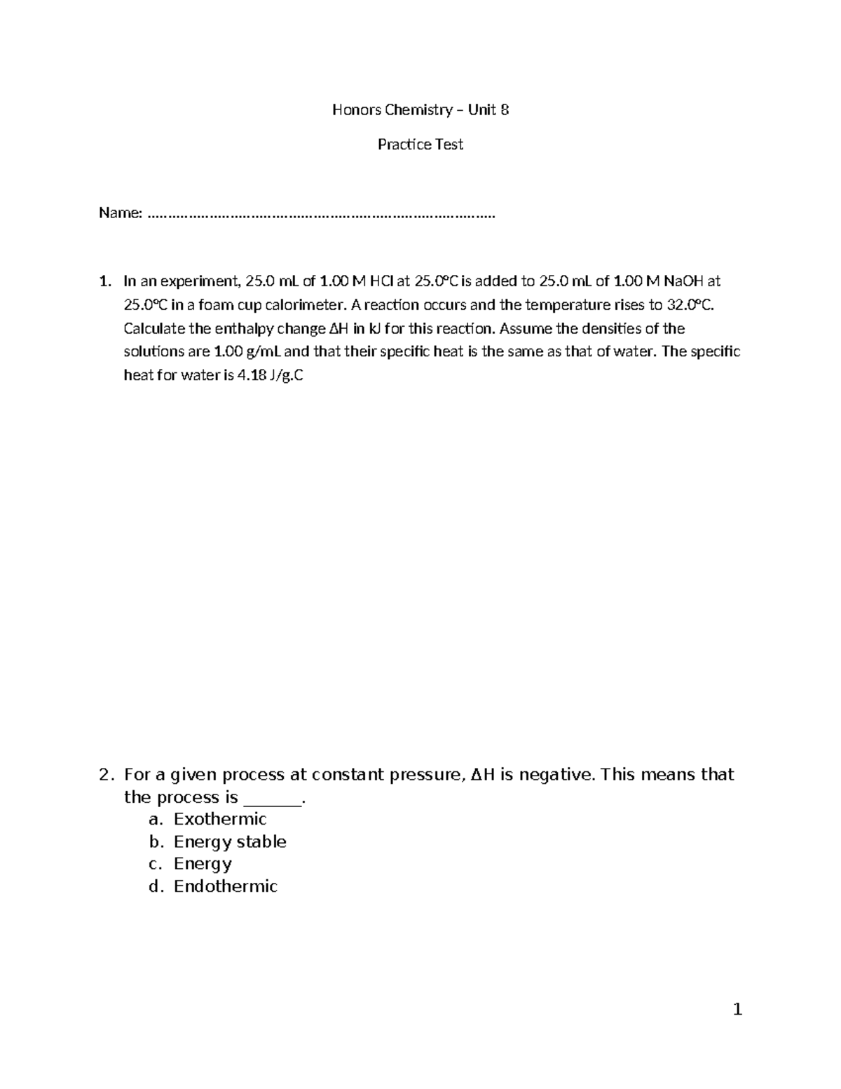 Unit 8 Practice Test - jit. - Honors Chemistry – Unit 8 Practice Test ...