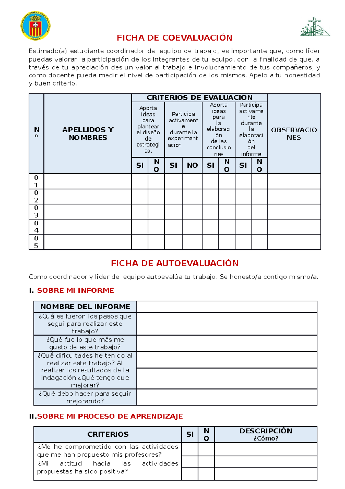Ficha DE Coevaluación Y Autoevaluación - Cuarto - FICHA DE COEVALUACIÓN Estimado(a) estudiante ...