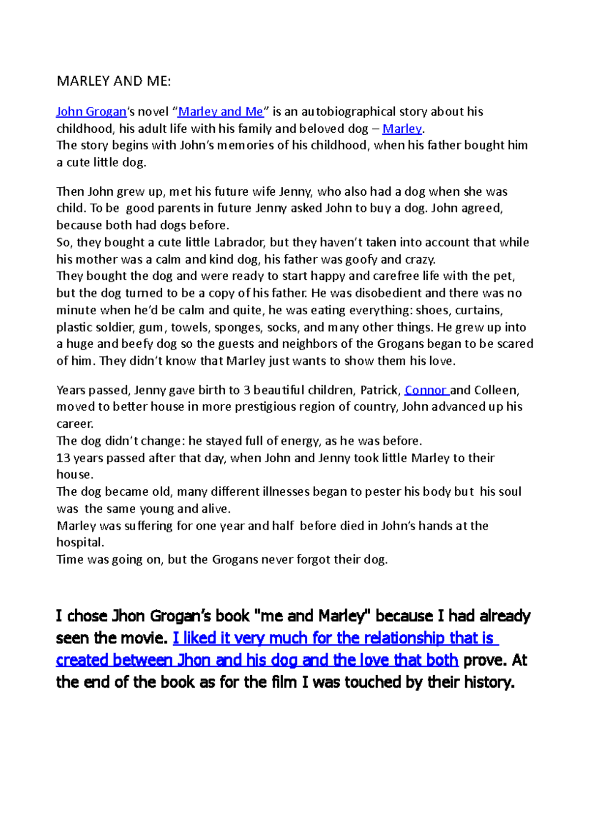 Marley AND ME - Riassunto di uno dei libri a scelta per orale inglese ...