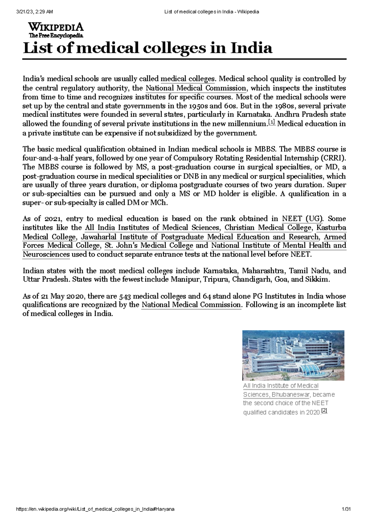 List of medical colleges in India - Wikipedia - All India Institute of ...