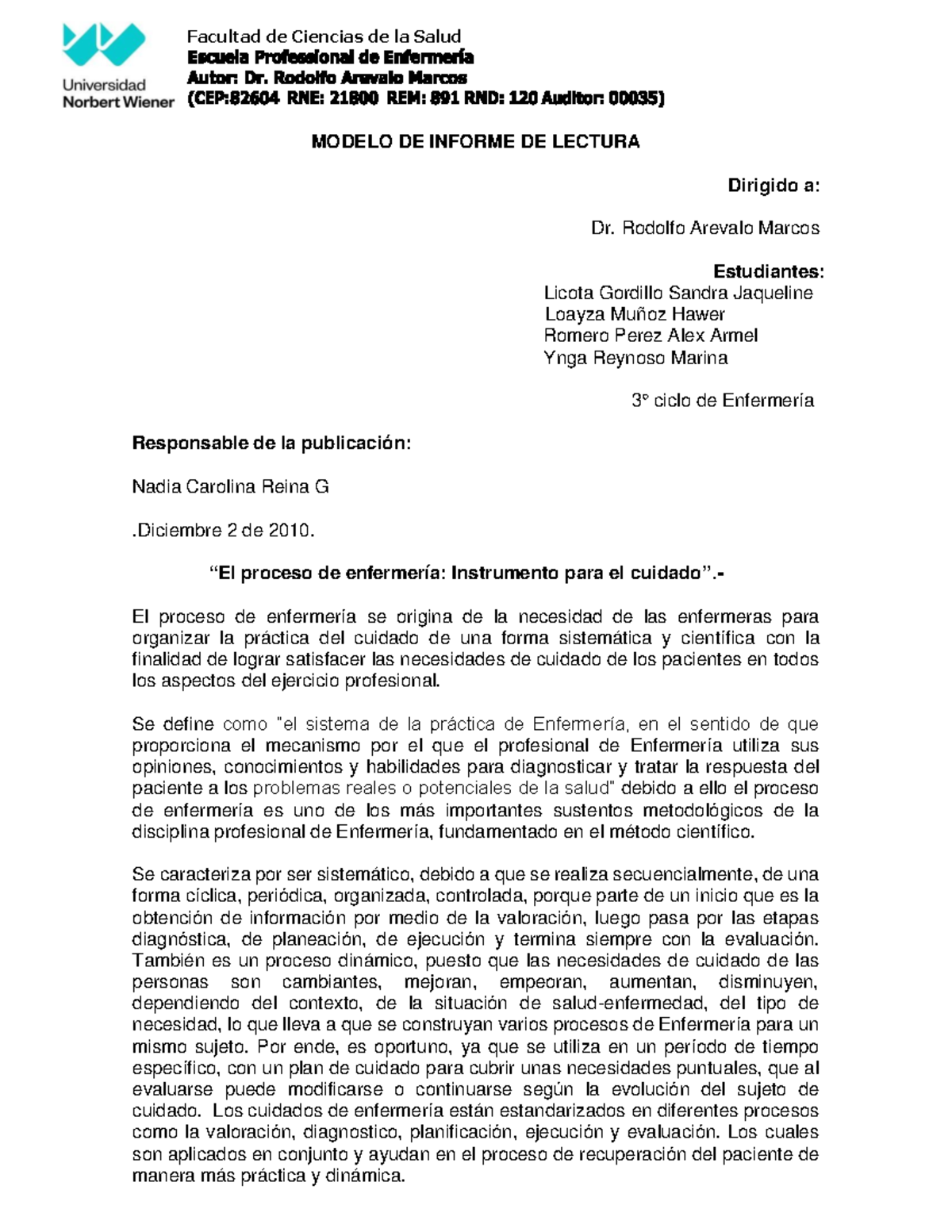 Informe de la lectura 1;2;3 - MODELO DE INFORME DE LECTURA Dirigido a ...