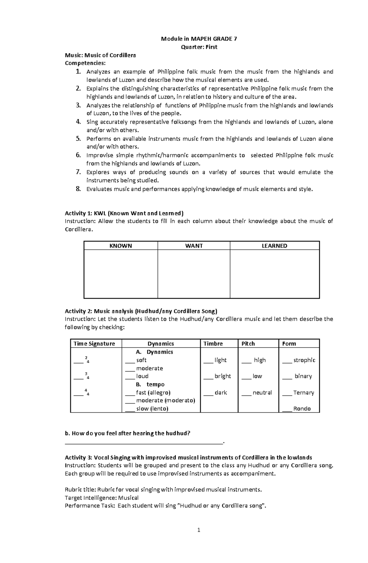 Module in Mapeh Grade 7 Quarter First Mu - Module in MAPEH GRADE 7 ...