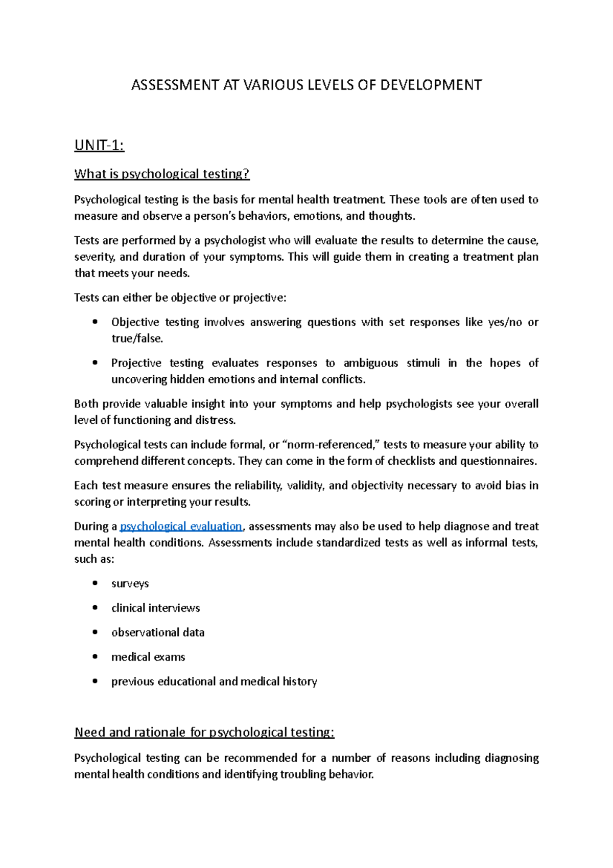 Assessment AT Various Levels OF Development - ASSESSMENT AT VARIOUS ...