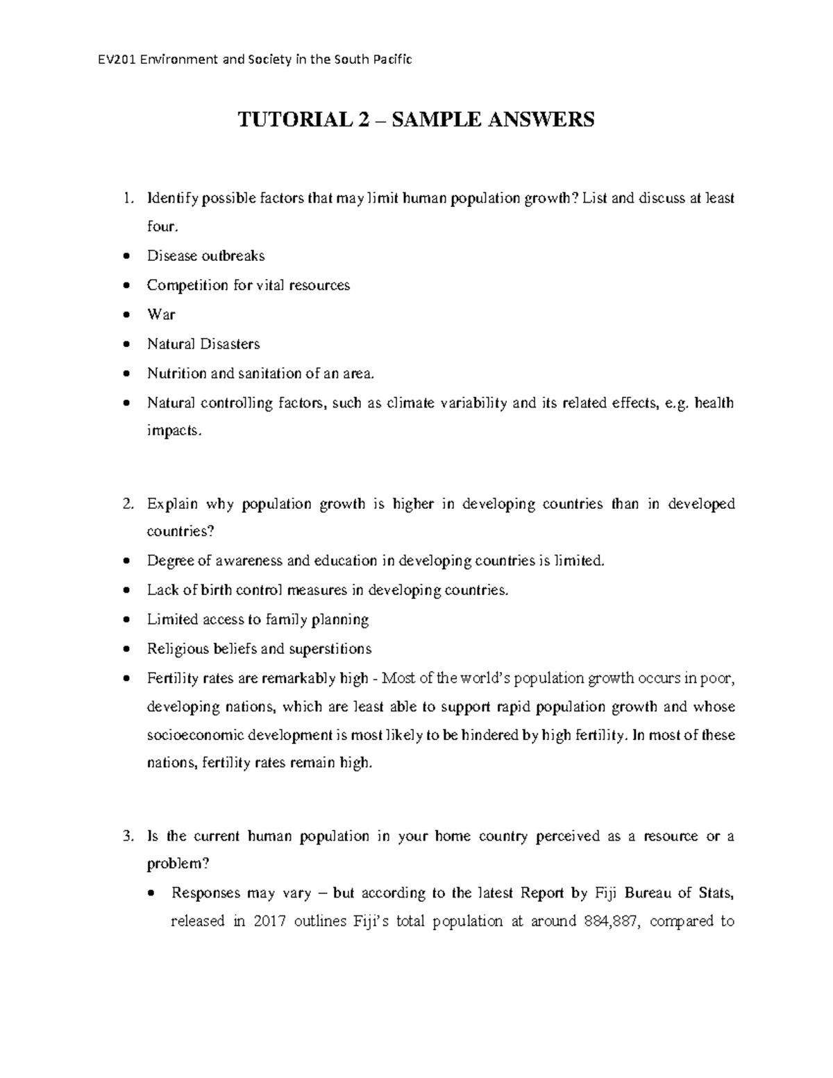 EV201 Tutorial 2 Sample Answers - EV201 Environment and Society in the ...