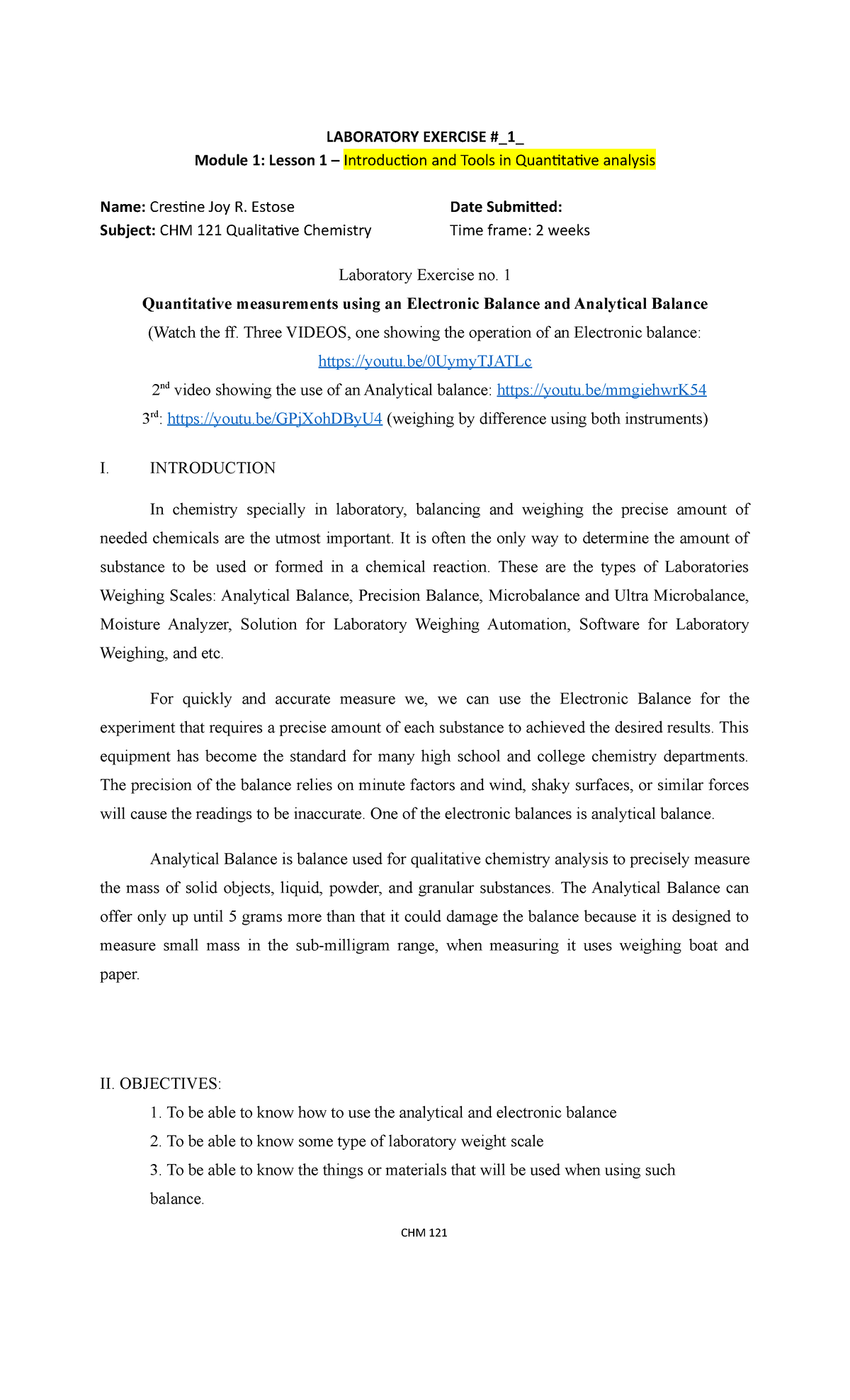 Lab report 1 Electronic Balance - LABORATORY EXERCISE #1 Module 1 ...