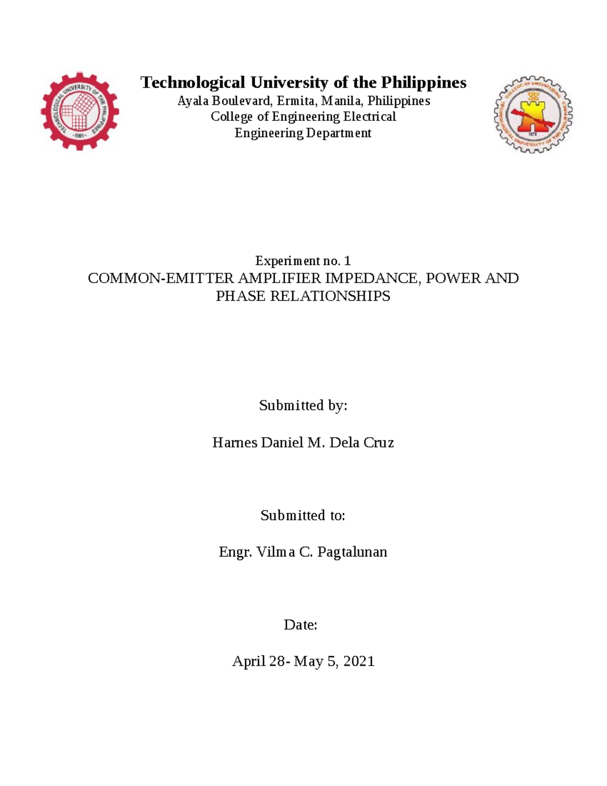 Experiment 1 DELA CRUZ H lesson 2 - Technological University of the ...