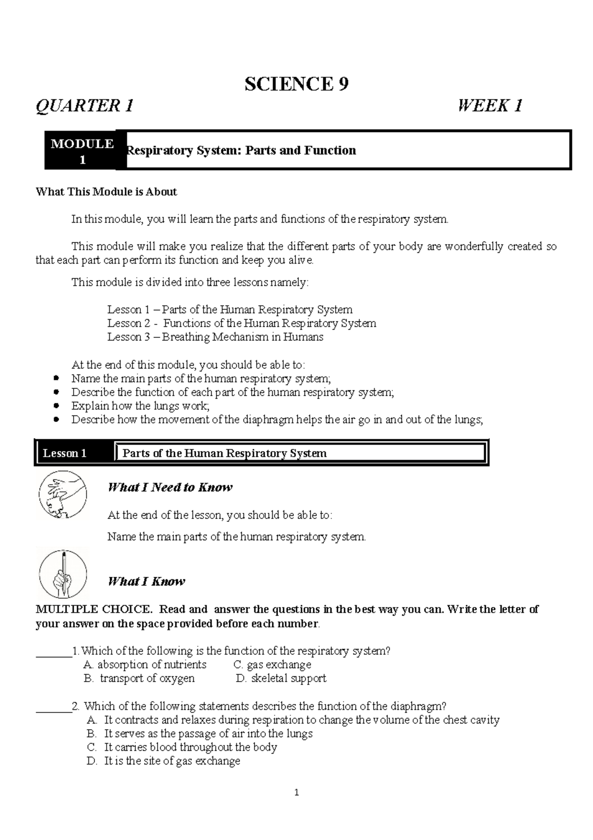 Quarter 1 week 1-2 - respiratory system - SCIENCE 9 QUARTER 1 WEEK 1 ...