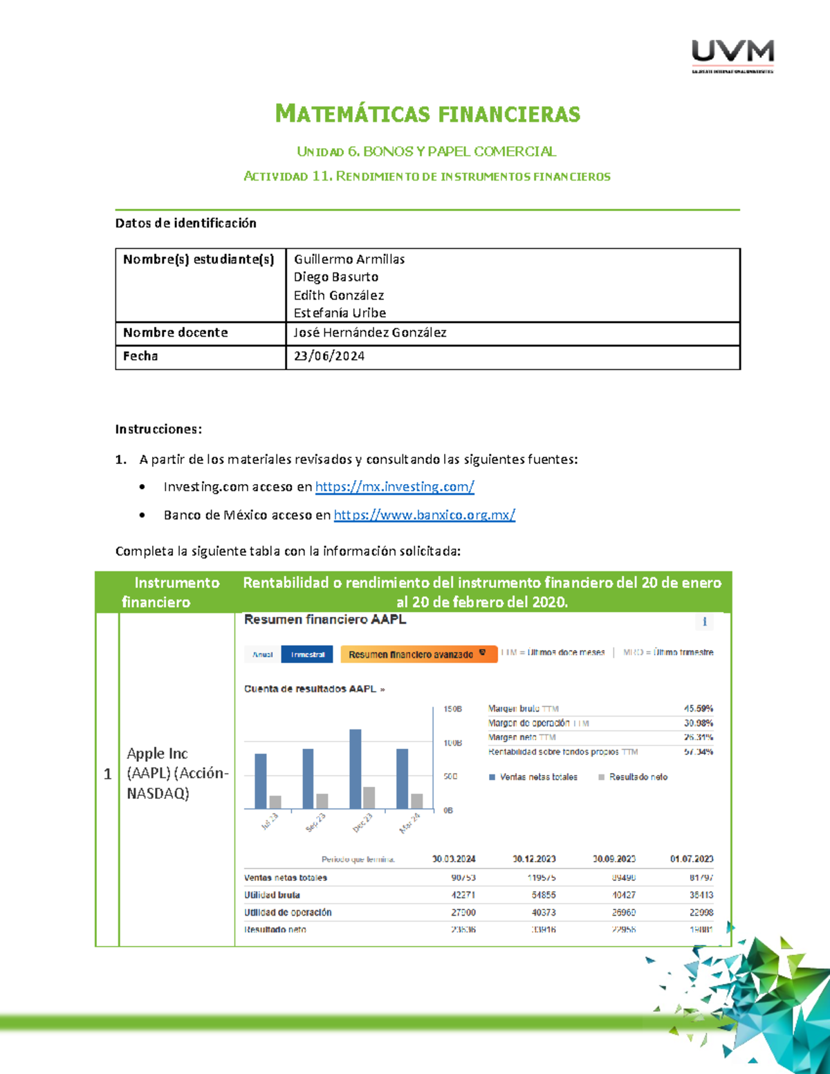 U6 Tabla Rendimiento A11 - MATEMÁTICAS FINANCIERAS UNIDAD 6. BONOS Y ...