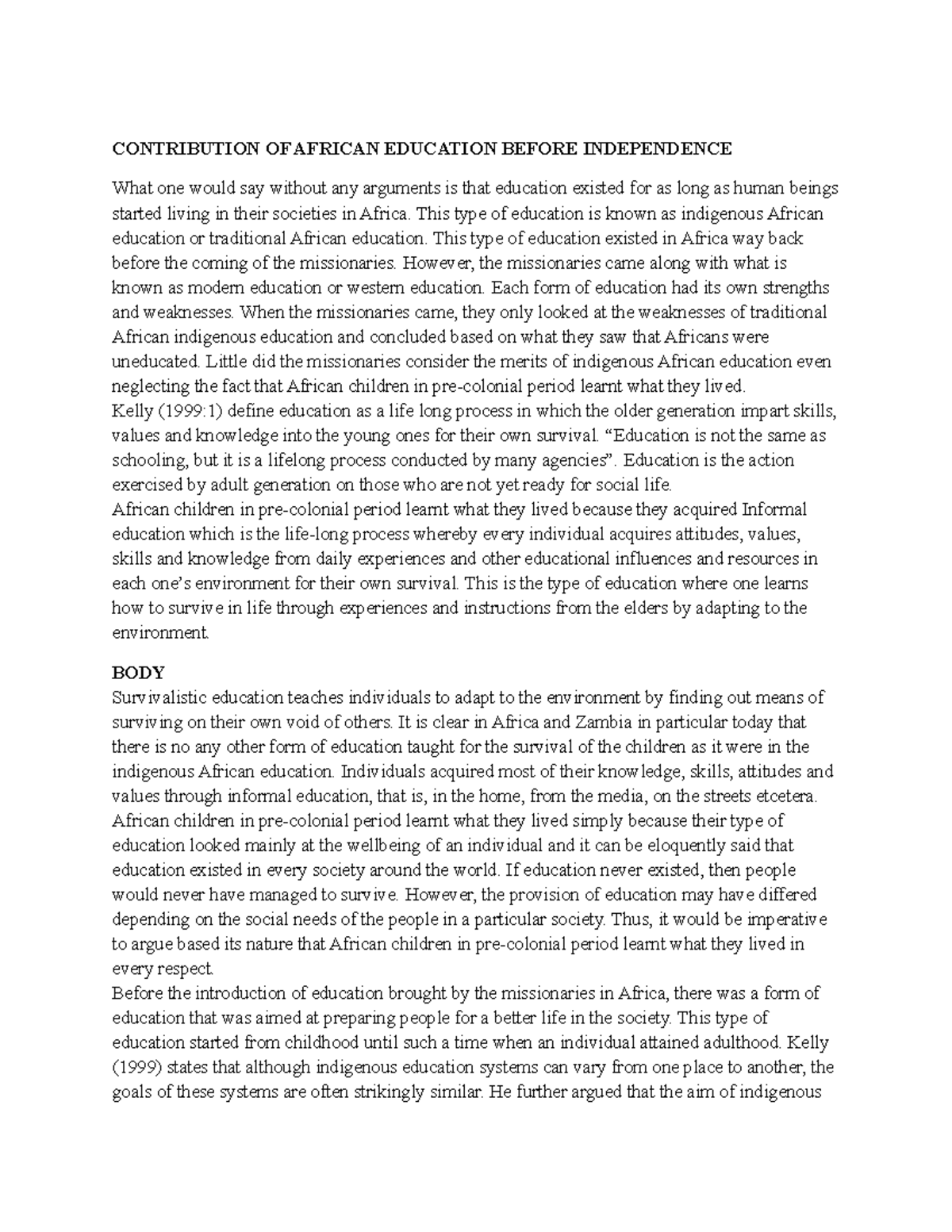 Contribution - issued in class - CONTRIBUTION OF AFRICAN EDUCATION ...