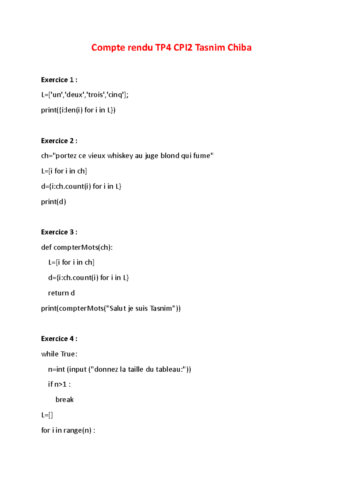 CR TP4 CPI2 Tasnim Chiba - Compte rendu TP4 CPI2 Tasnim Chiba Exercice 1 : - Studocu