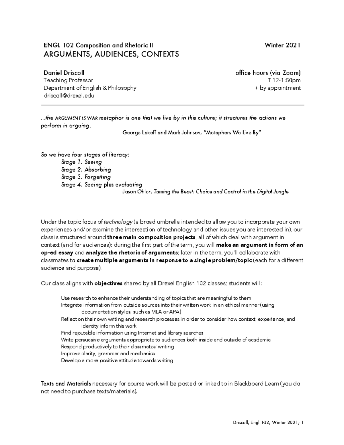 Engl 102 Syllabus Winter 2020 Driscoll - ENGL 102 Composition and ...