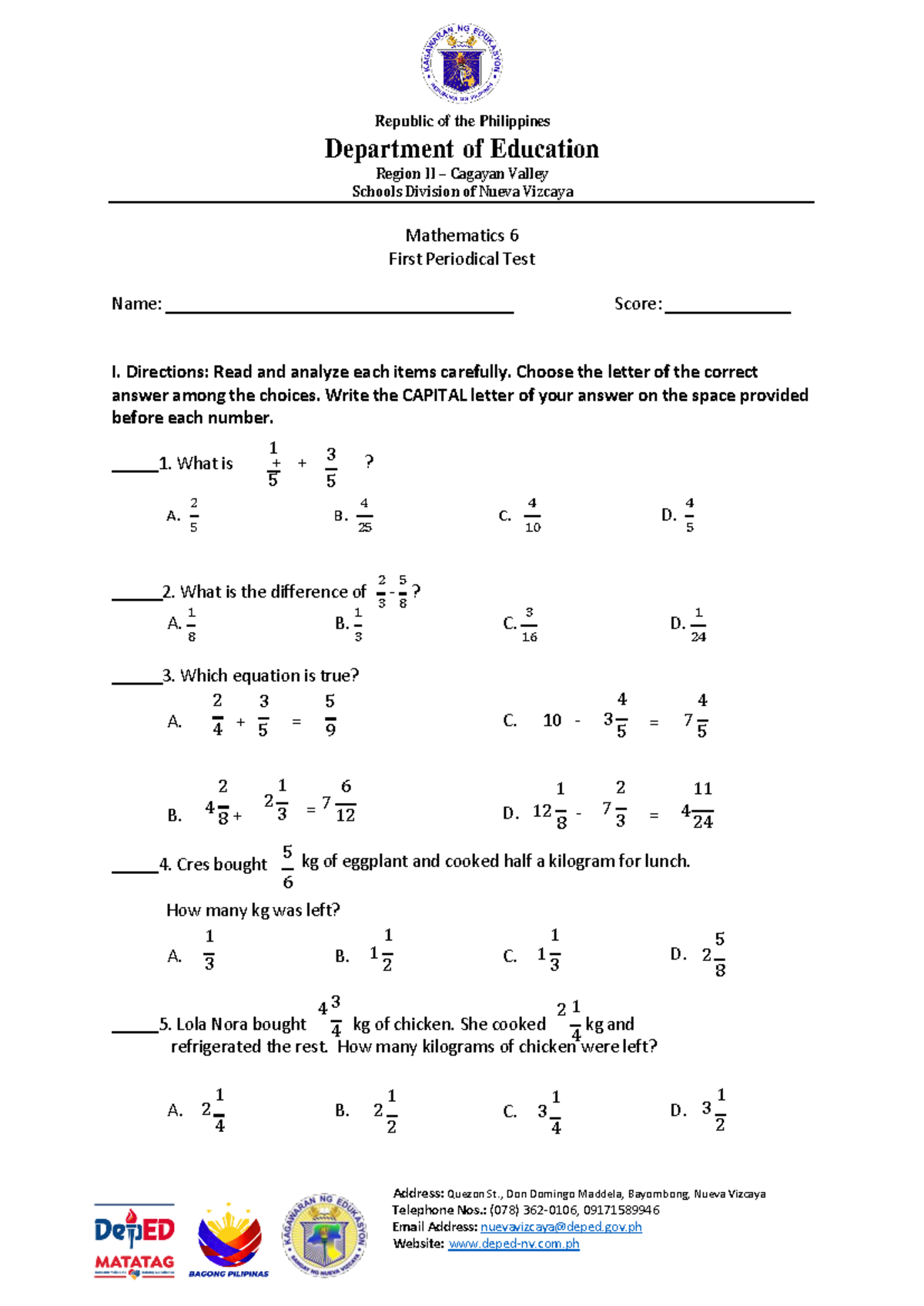 Final Periodical TEST Quarter 1 MATH 6 with esignature - Department of ...