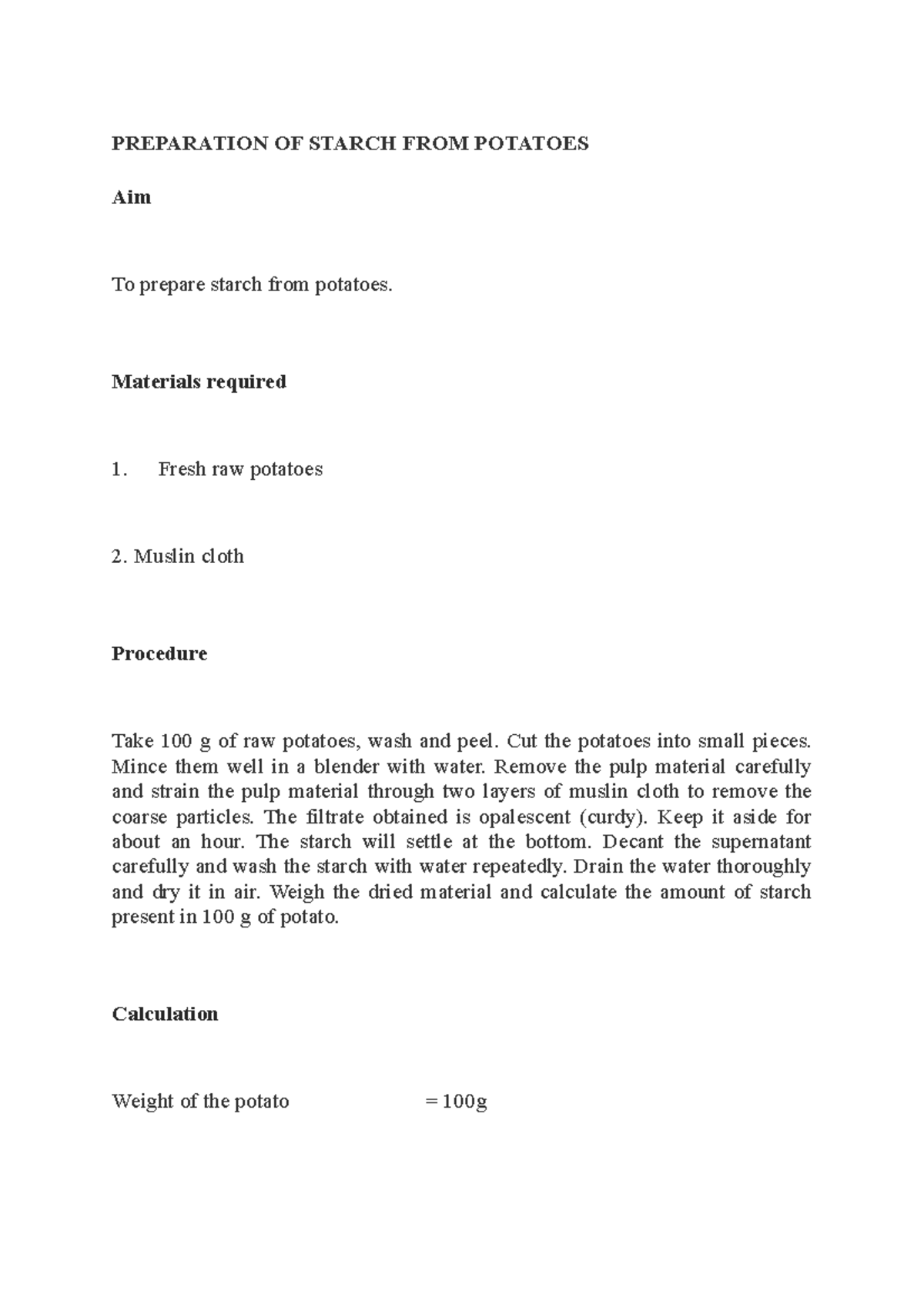 Preparation OF Starch FROM Potatoes - PREPARATION OF STARCH FROM ...