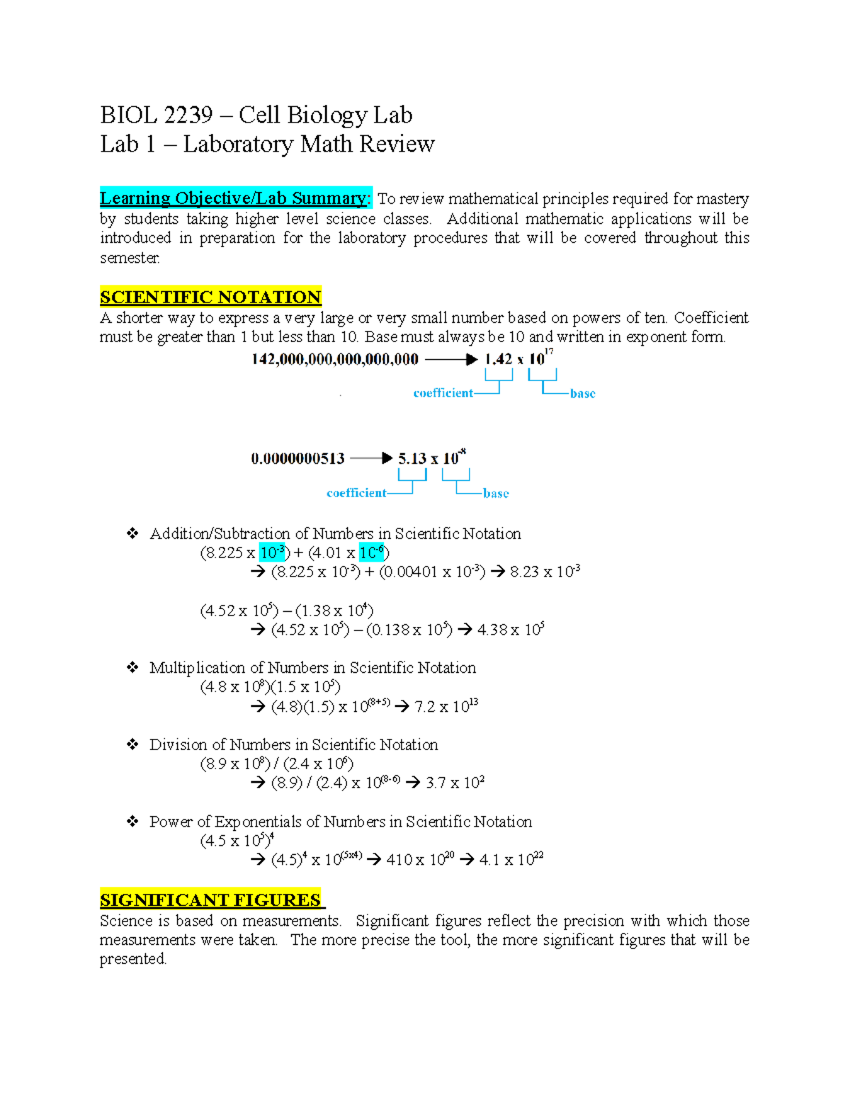 Cell Biology Lab 1 - Spring 2021 - BIOL 2239 – Cell Biology Lab Lab 1 ...