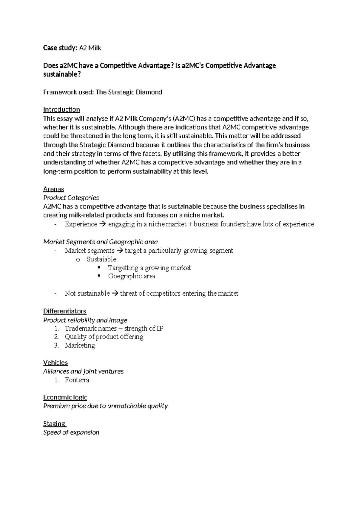 Practice 1 - Case study: A2 Milk Does a2MC have a Competitive Advantage ...