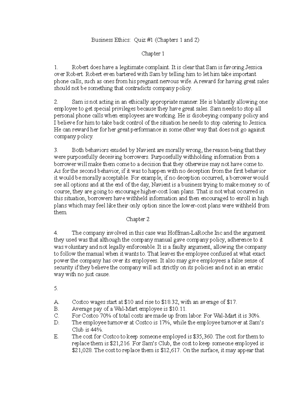 Quiz 1 Philosophy 305 (PHIL305) Updated - Business Ethics: Quiz #1 ...