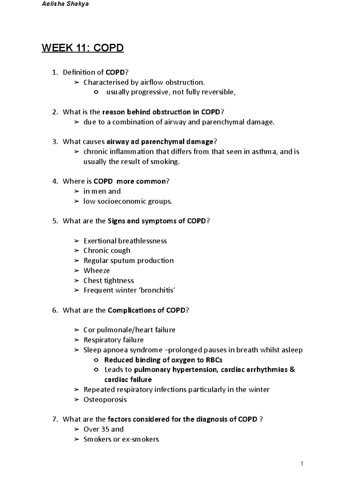 COPD - Lecture notes RESPIRATORY - WEEK 11: COPD Definition of COPD ...