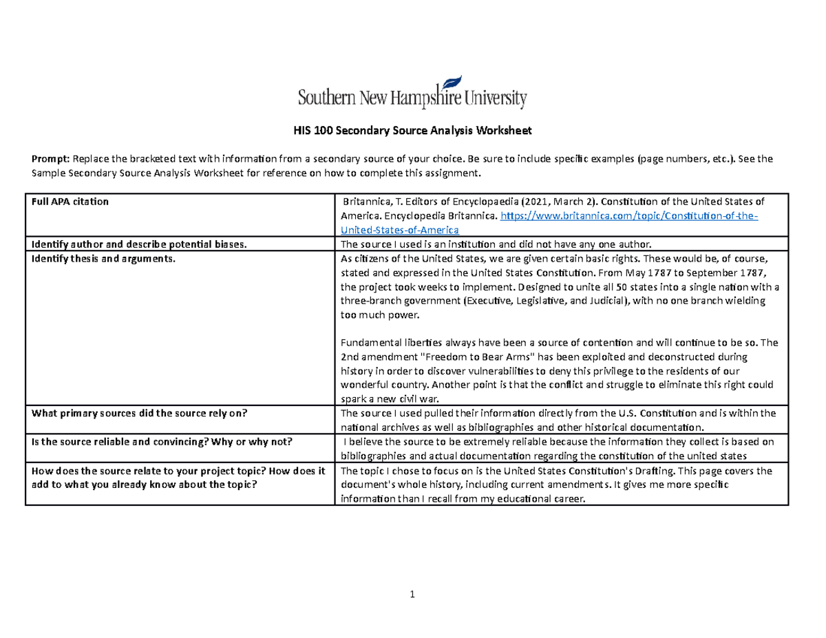 HIS 100 Secondary Source Analysis Worksheet - HIS 100 Secondary Source ...