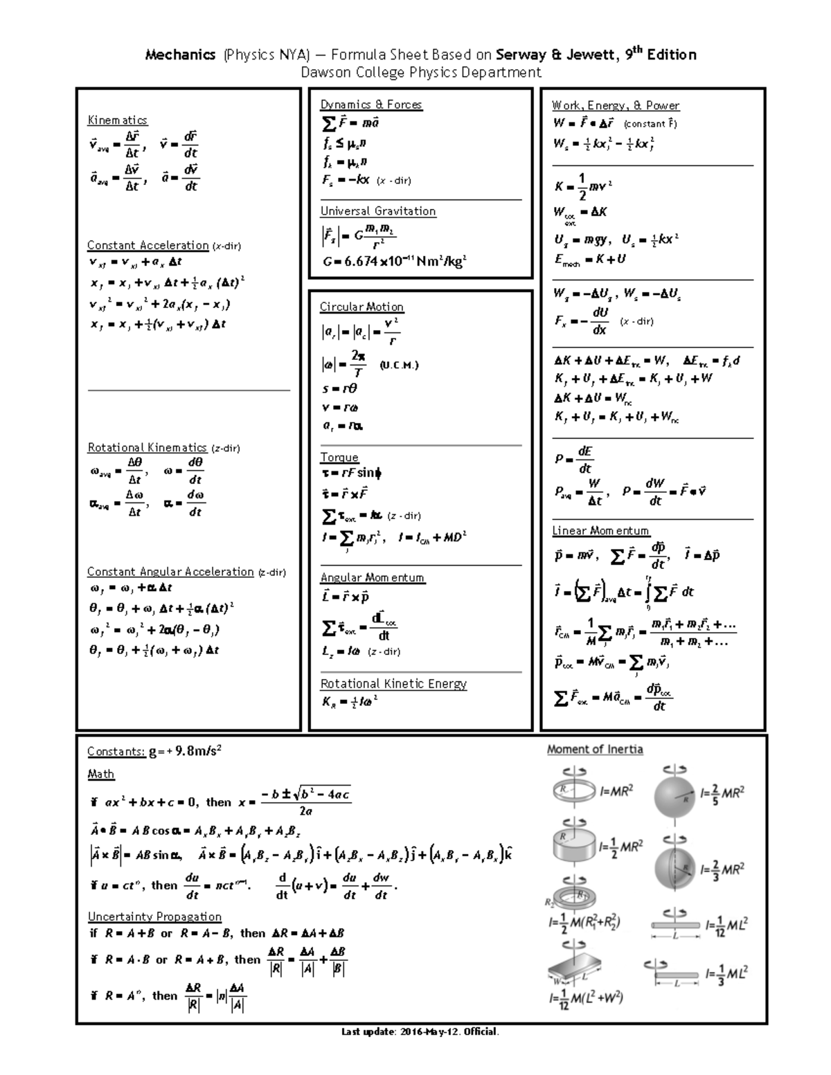 203-NYA-Formula Sheets - Mechanics (Physics NYA) — Formula Sheet Based on Serway & Jewett, 9 th ...