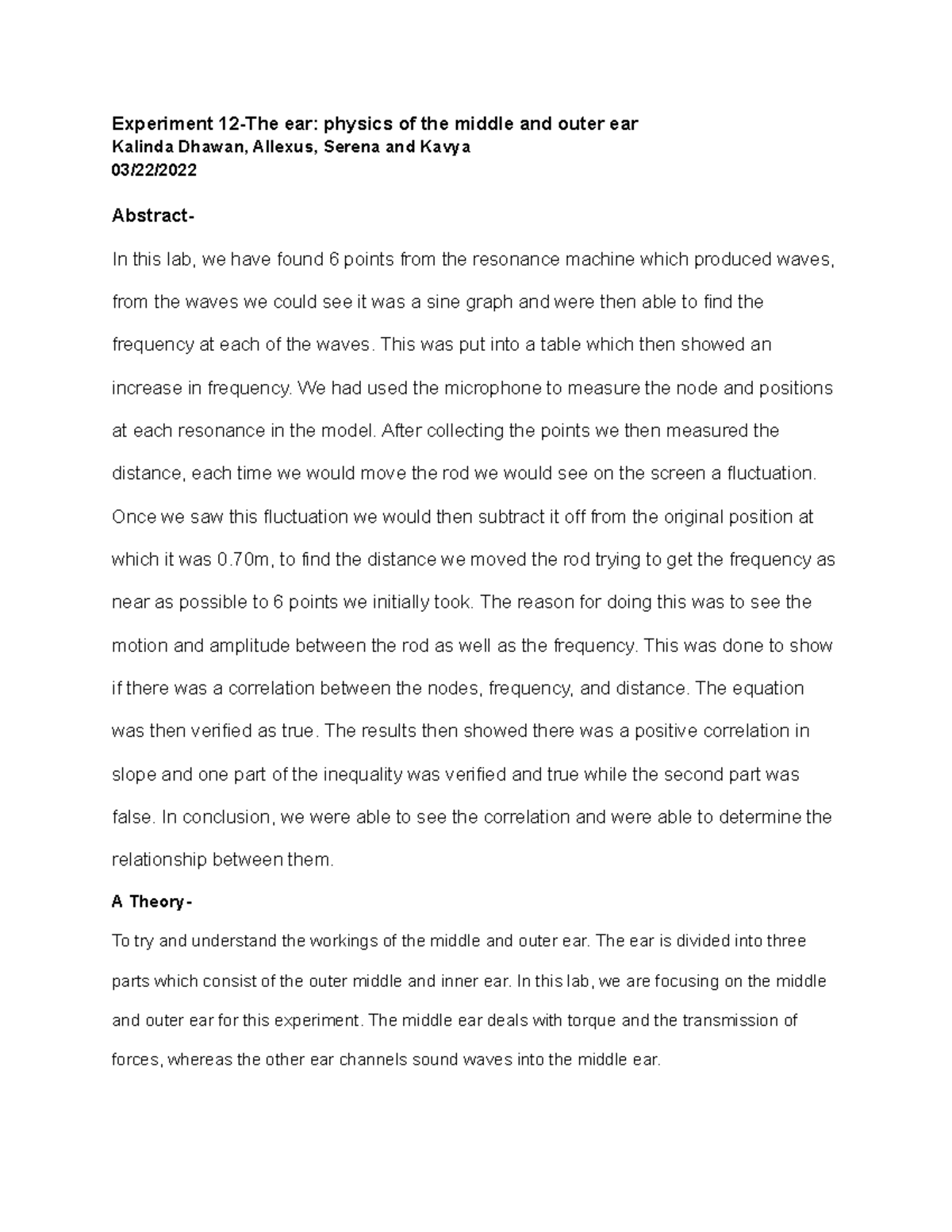 Experiment 12-The ear physics of the middle and outer ear - This was ...