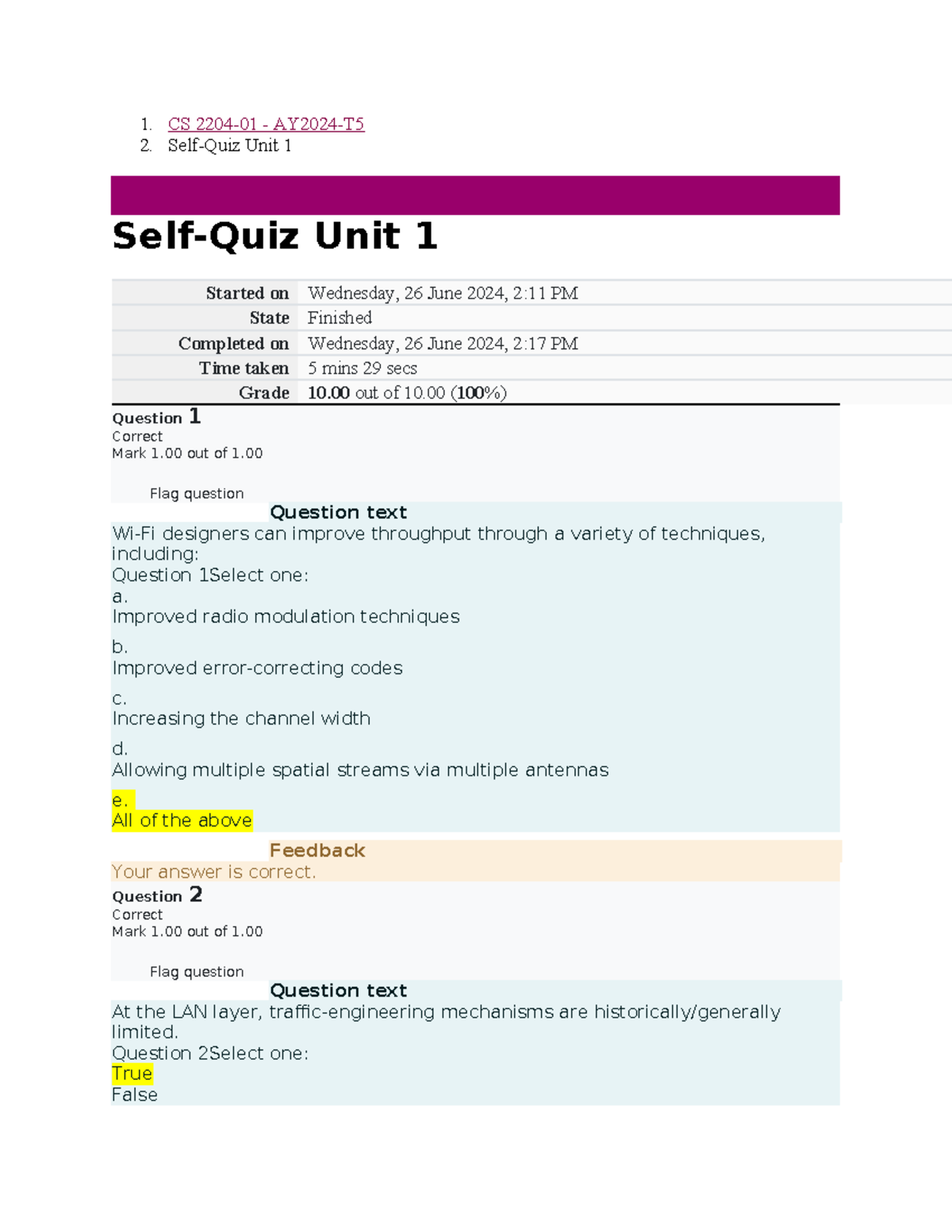 Exam networking week 1 - Exam - 1. CS 2204-01 - AY2024-T 2. Self-Quiz Unit 1 Self-Quiz Unit 1 ...