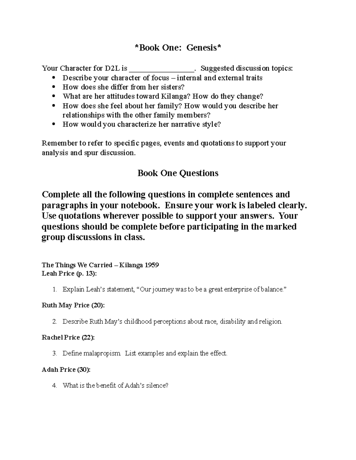 Poisonwood Questions - Book One: Genesis Your Character for D2L is ...