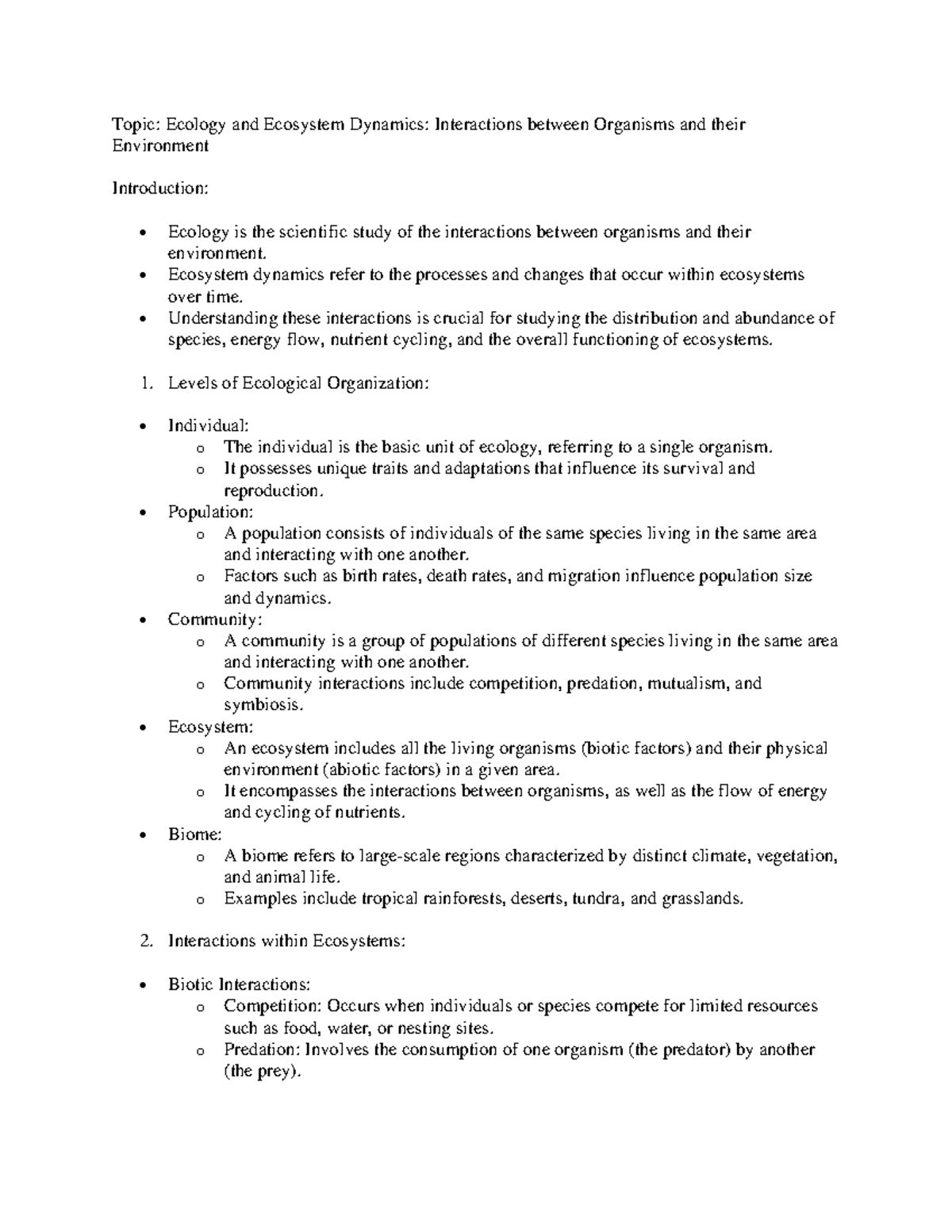 Ecology and Ecosystem Dynamics- Interactions between Organisms and ...
