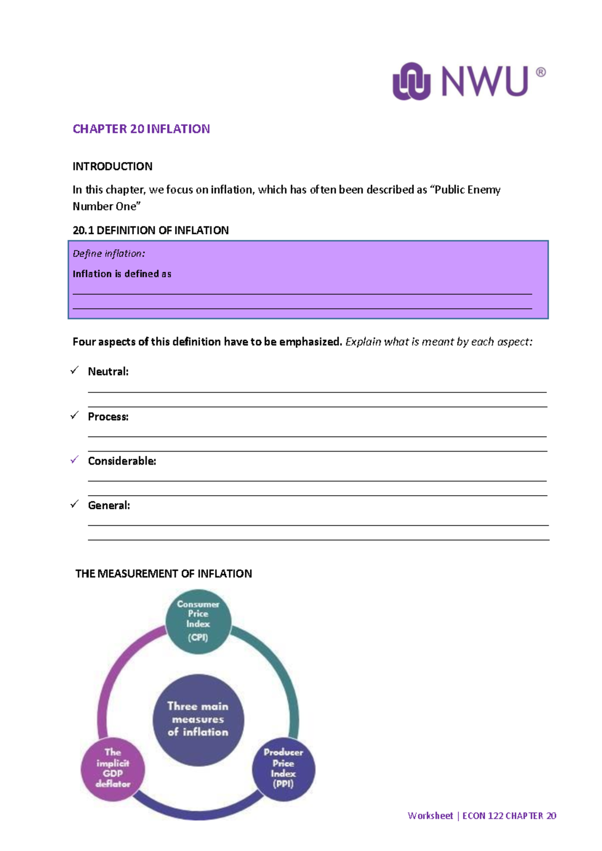 Chapter 20 Worksheet-2 - Define inflation: Inflation is defined as ...