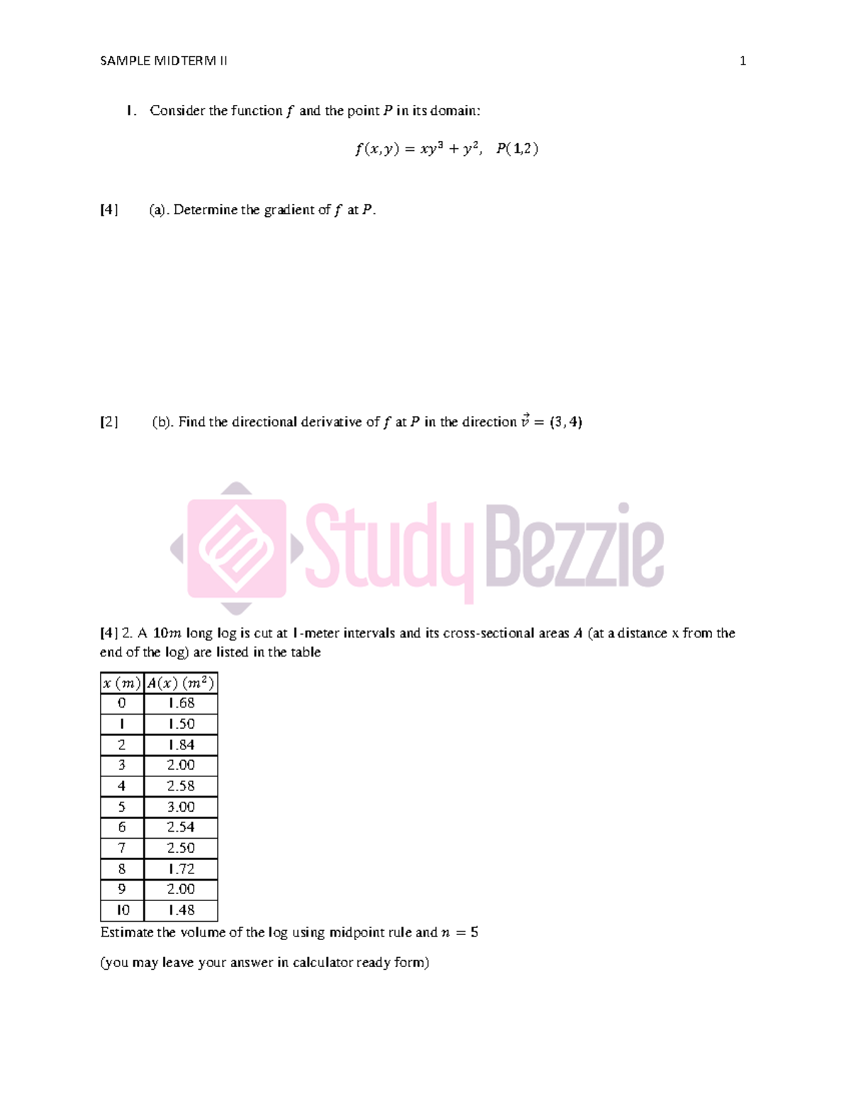Ï€ Sample Midterm 2 - Consider the function 𝑓 and the point 𝑃 in its domain: 𝑓(𝑥, 𝑦) = 𝑥𝑦 3 + 𝑦 ...