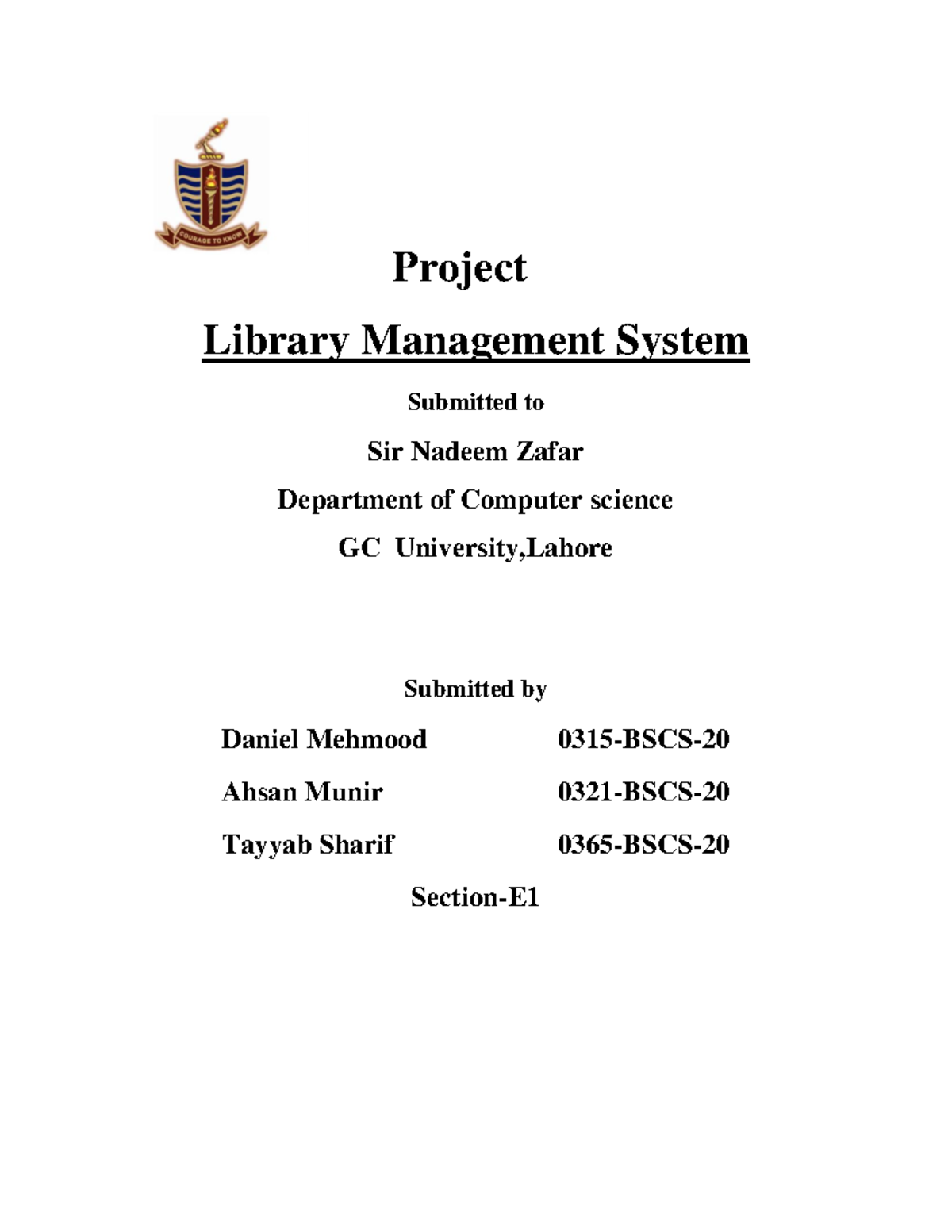 Data Base Project - Project Library Management System Submitted to Sir Nadeem Zafar Department ...