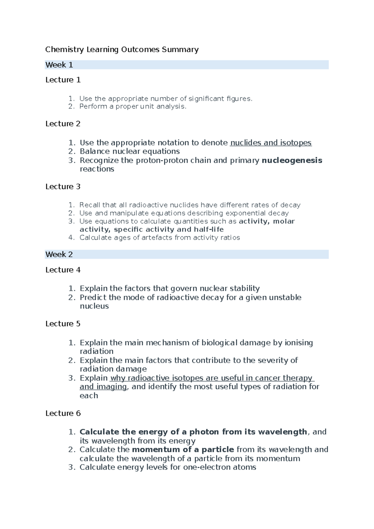 2024 Chem1111 Learning Outcomes Summary - Chemistry Learning Outcomes ...