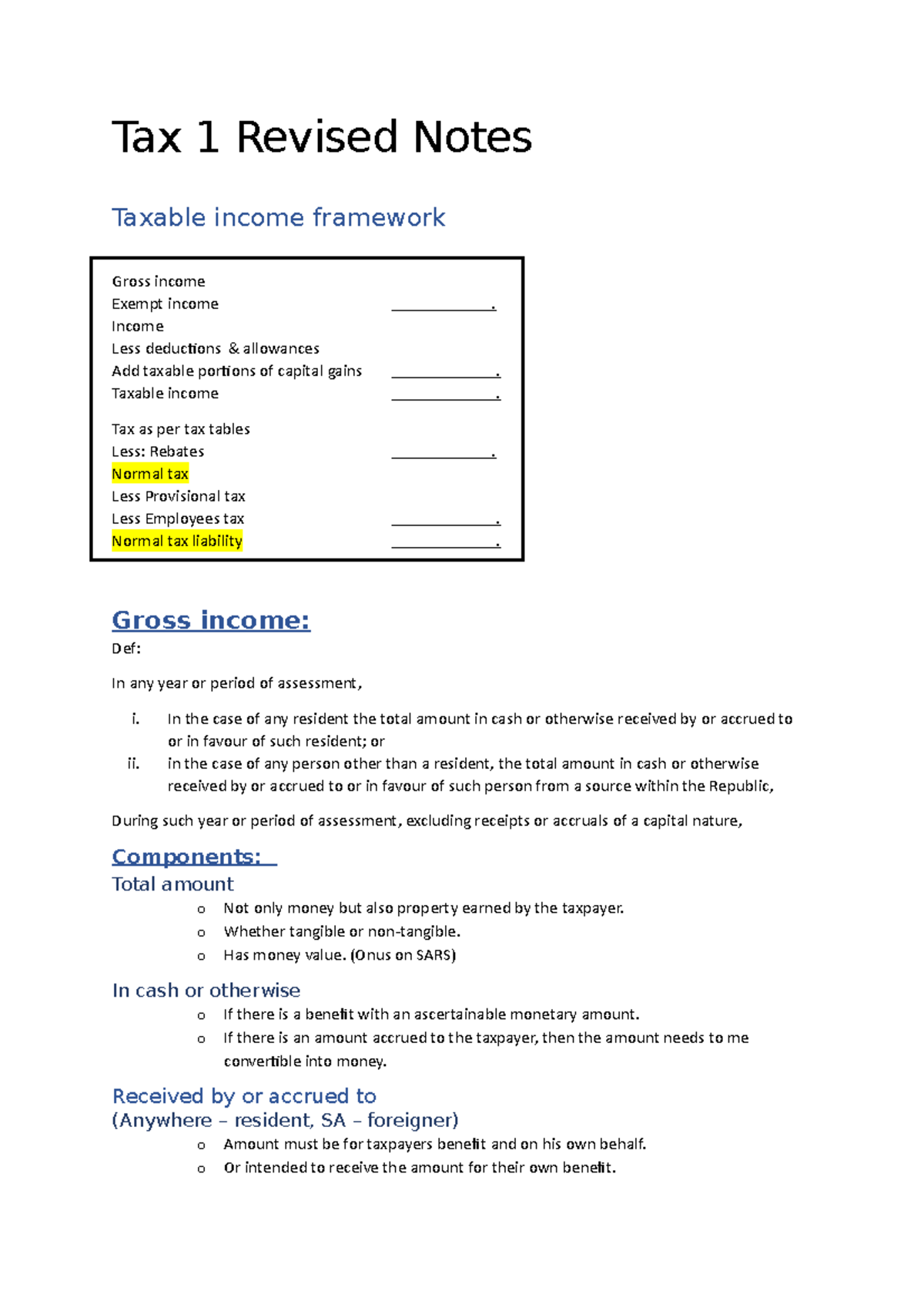 Tax 1 Revised Notes - Tax 1 Revised Notes Taxable income framework ...