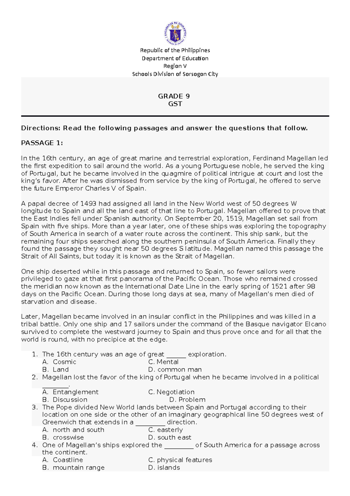 GST- Grade-9 - Group Screening Test is a comprehension exercise to test ...