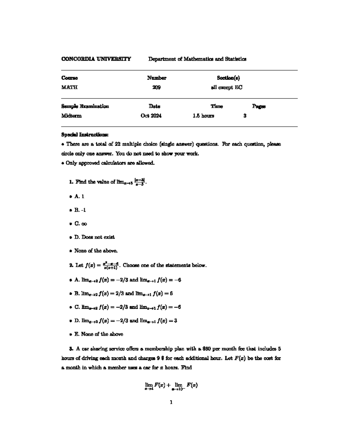 The Mid Term Exam - CONCORDIA UNIVERSITY Department of Mathematics and ...