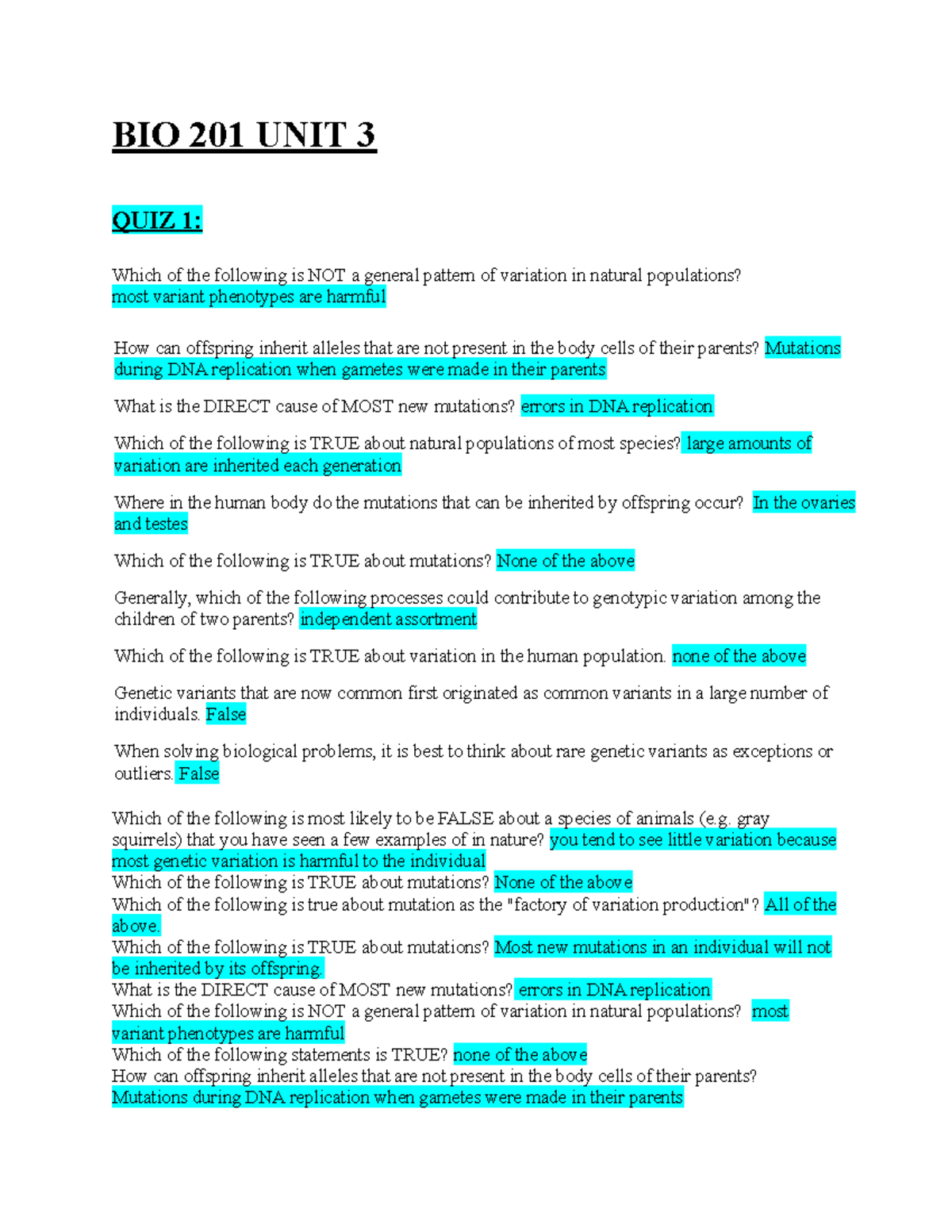 201 Unit 3 - BIO 201 Chapter Notes - BIO 201 UNIT 3 QUIZ 1: Which of ...