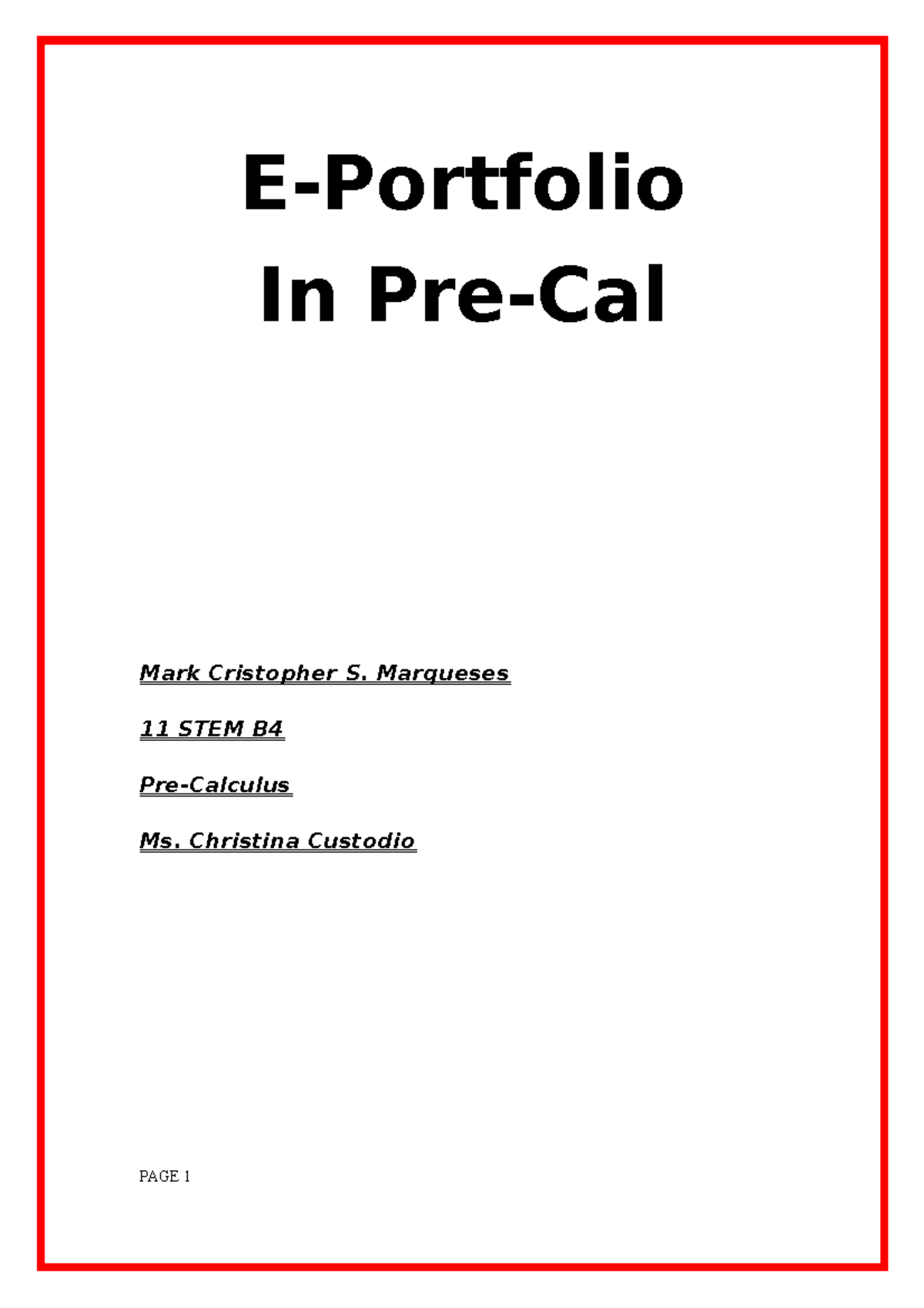 E Portfolio PRE CAL - For school purposes - E-Portfolio In Pre-Cal Mark ...