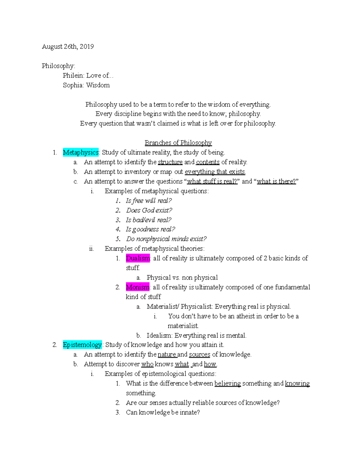 Chapter 1 Intro to Phl - August 26th, 2019 Philosophy: Philein: Love of ...