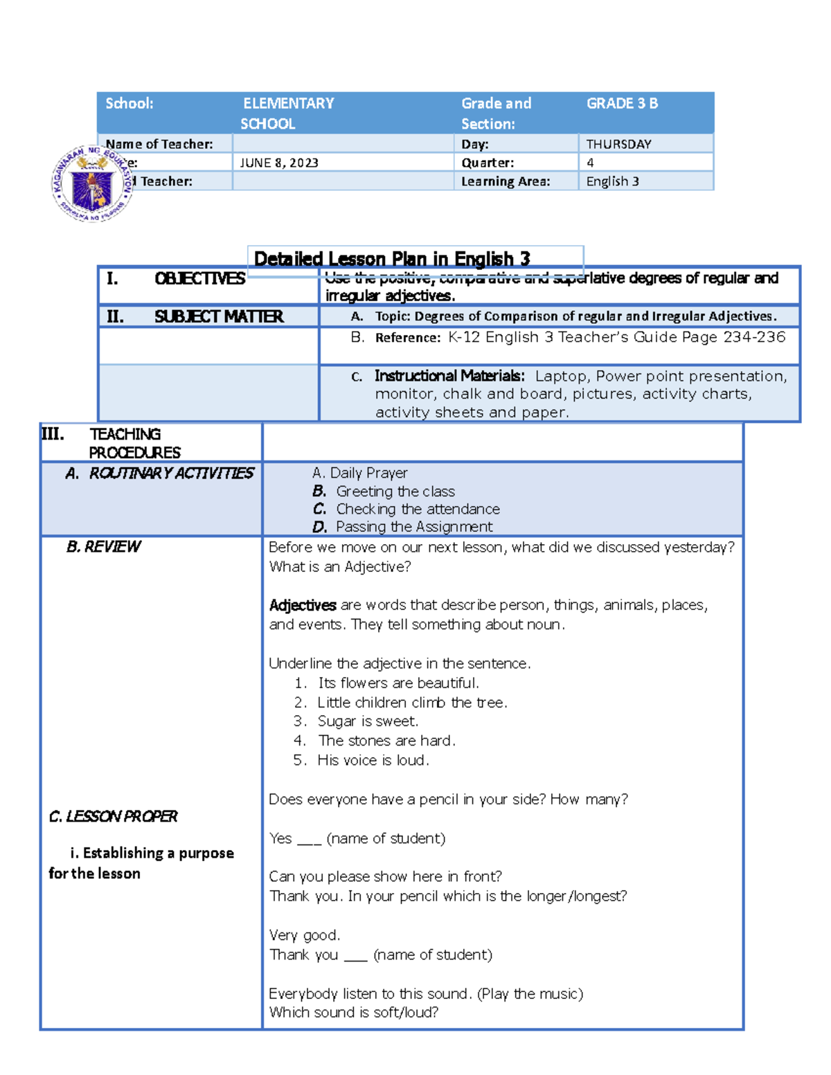 Q4. English 3 COT - School: ELEMENTARY SCHOOL Grade and Section: GRADE ...