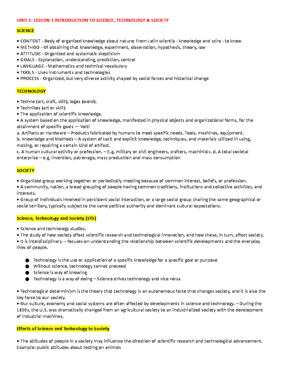STS-Summary - summary - UNIT 1: LESSON 1 INTRODUCTION TO SCIENCE, TECHNOLOGY & SOCIETY SCIENCE ...