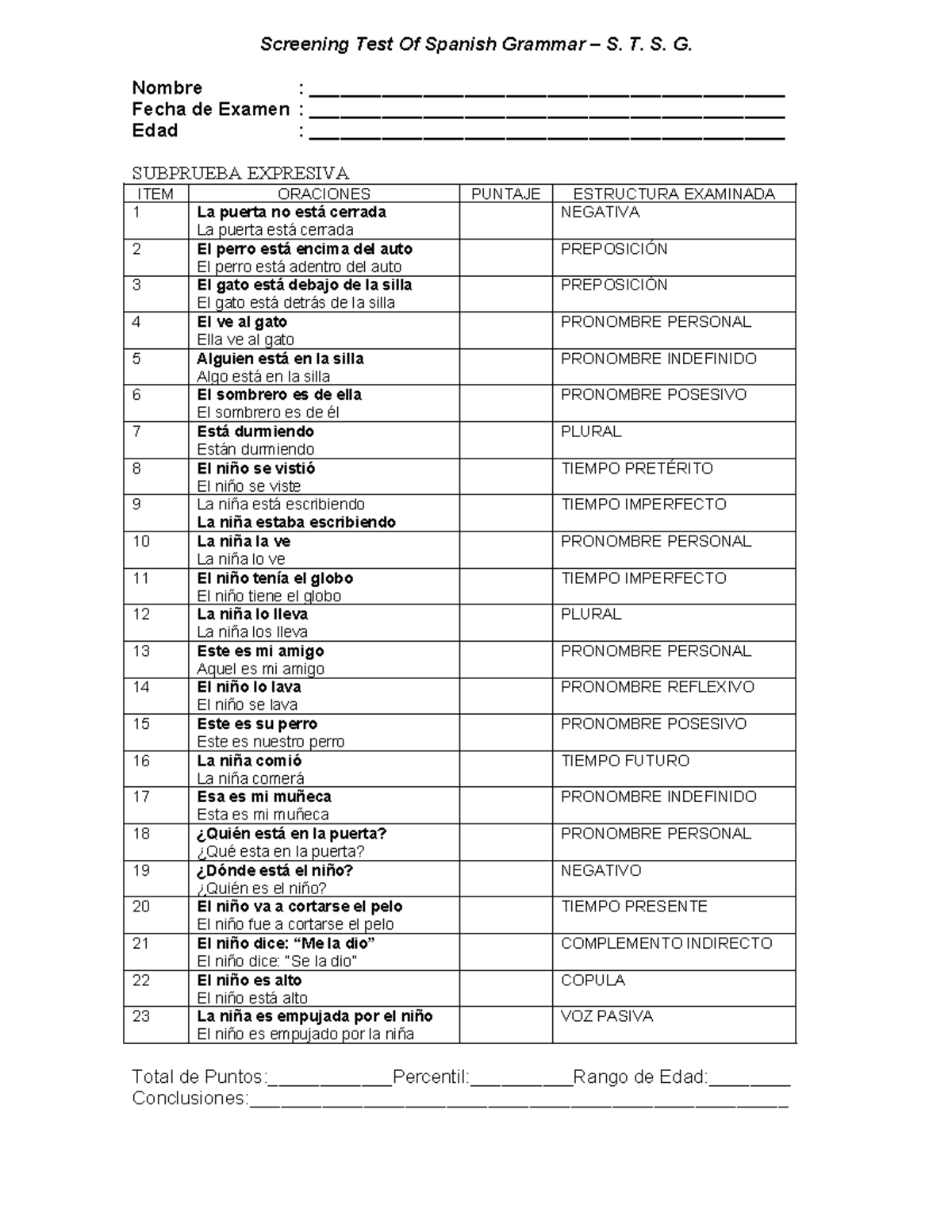 Stsg - Stsg - Screening Test Of Spanish Grammar – S. T. S. G. Nombre ...