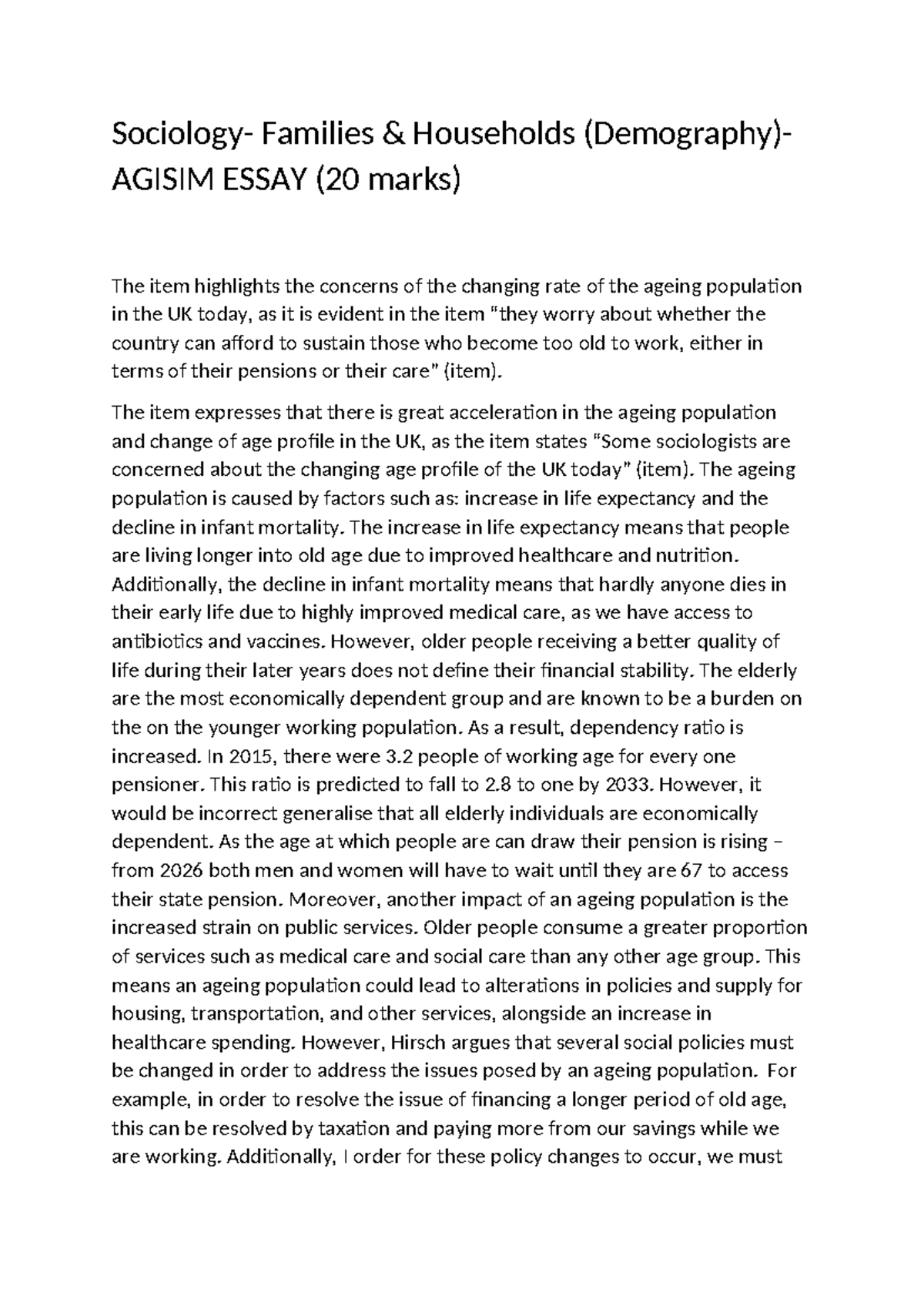 Demography Essay 20 Marks copy - Sociology- Families & Households ...