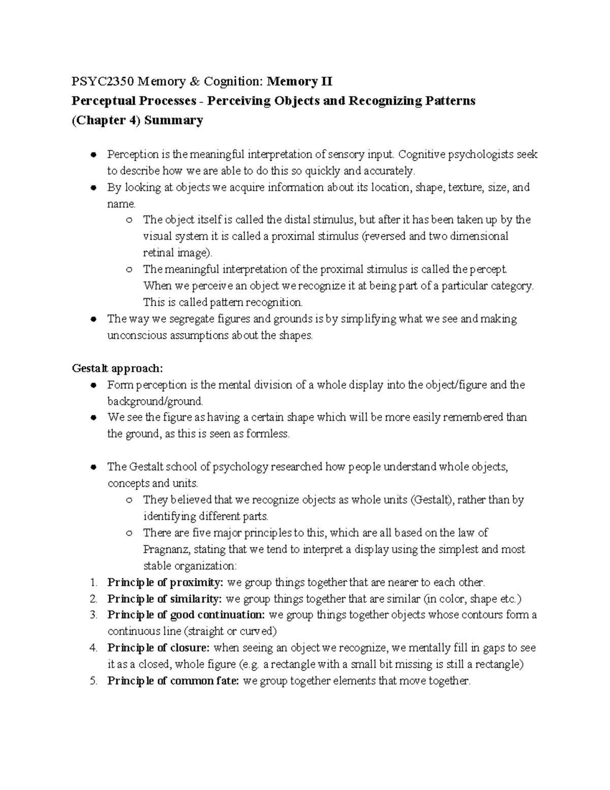 Psyc2350 Memory And Cognition Memory Ii Perceptual Processes Perceiving Objects And Recognizing