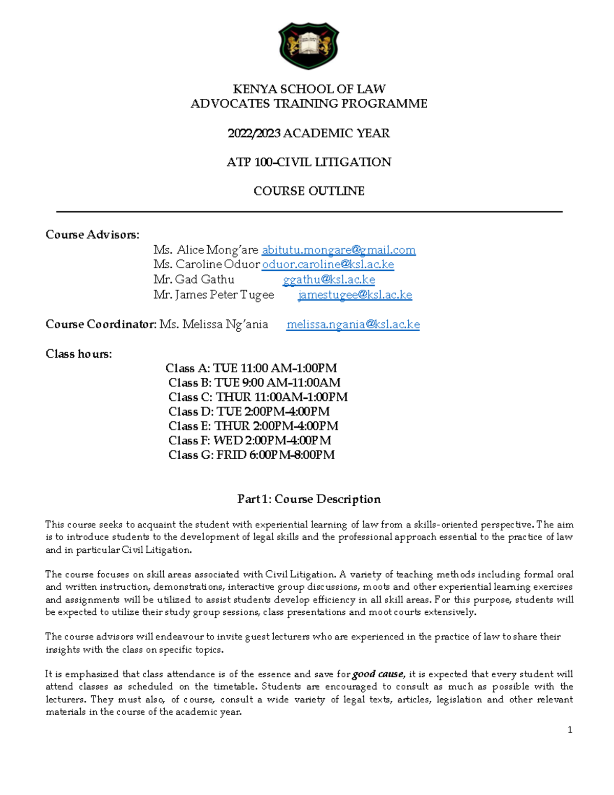 Atp 100 Civil Litigation Course Outline 2022-2023 - KENYA SCHOOL OF LAW ...